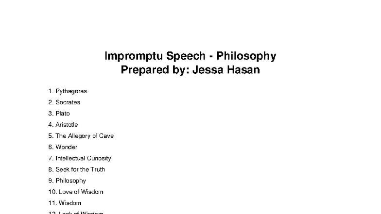 Philosophy Impromptu Speech Topics List: JH 1-32 - Studocu