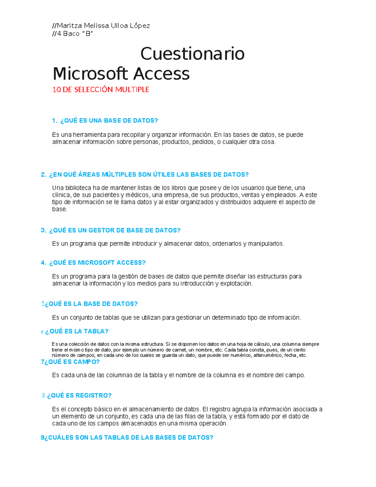 Cuestionario de Microsoft Access - 4 Baco "B" - Selección Múltiple y V ...