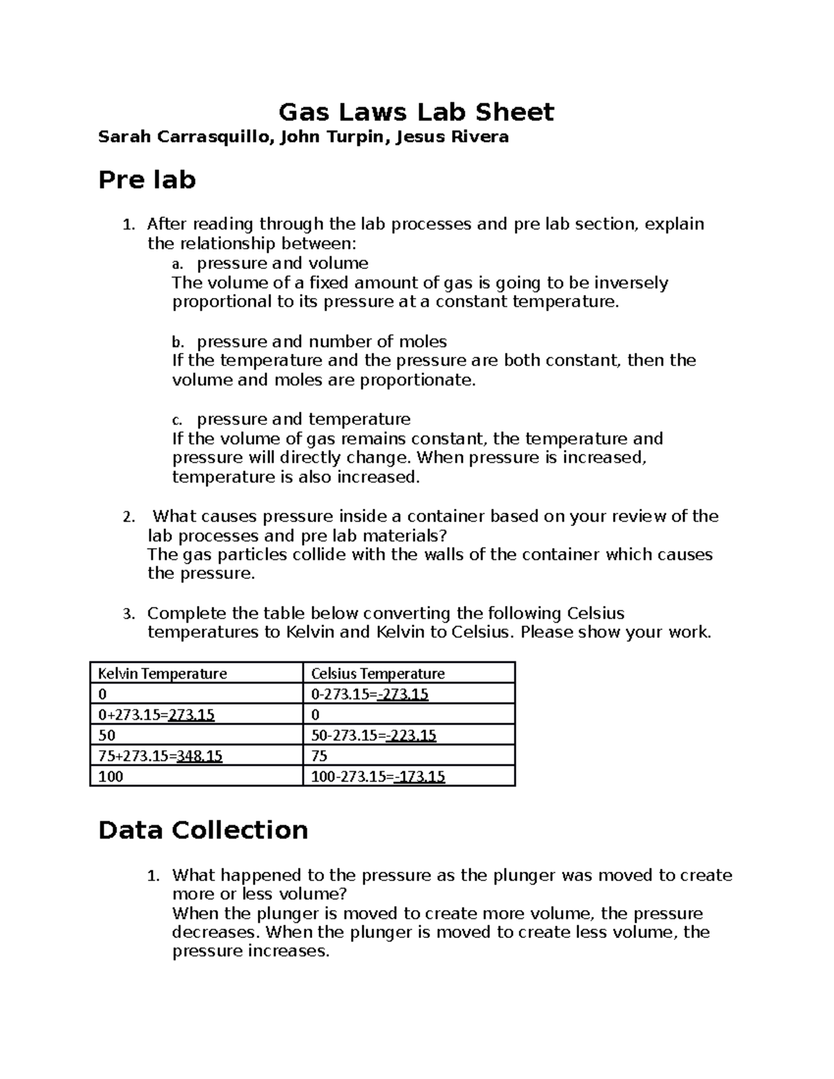 Gas Laws Lab Sheet - Pressure, Volume & Temperature Relationships - Studocu