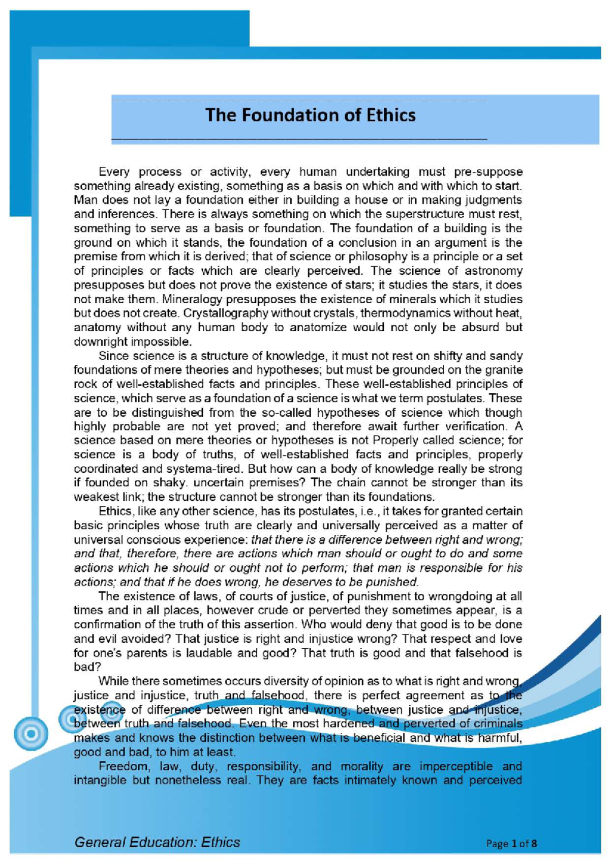 Ethics page-0001 - The Foundation of Ethics Every process or activity ...