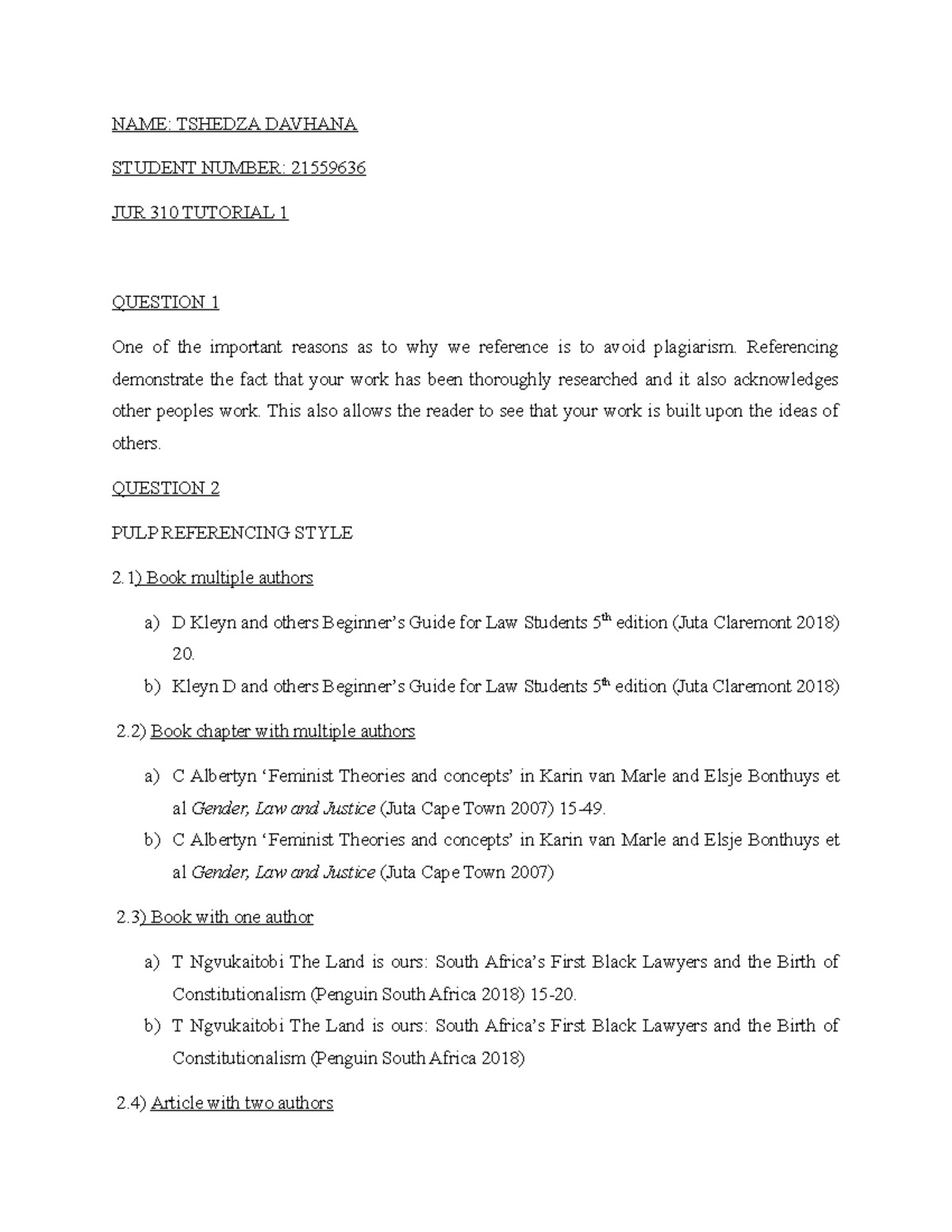 JUR 310 Tutorial 1: Referencing and Historical Context in Law - Studocu