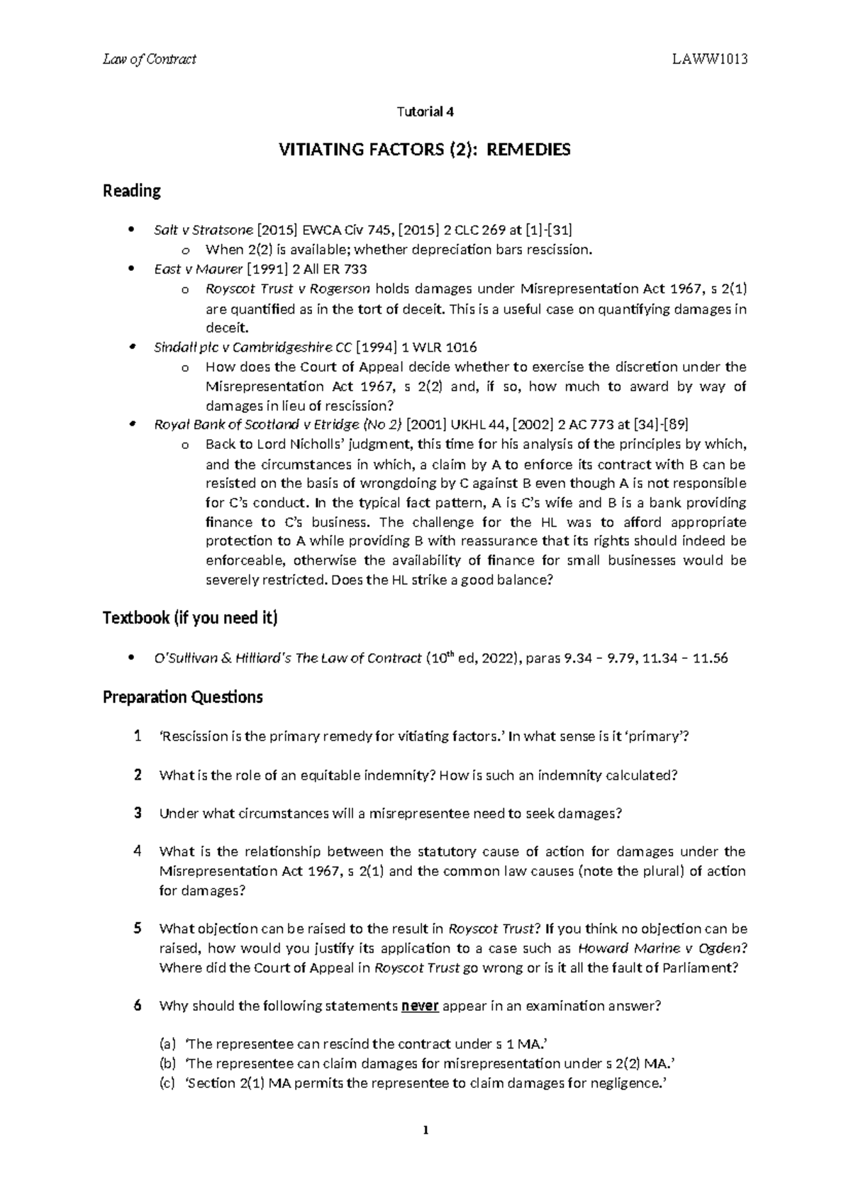 Law of Contract LAWW - Tutorial 4: Vitiating Factors & Remedies - Studocu