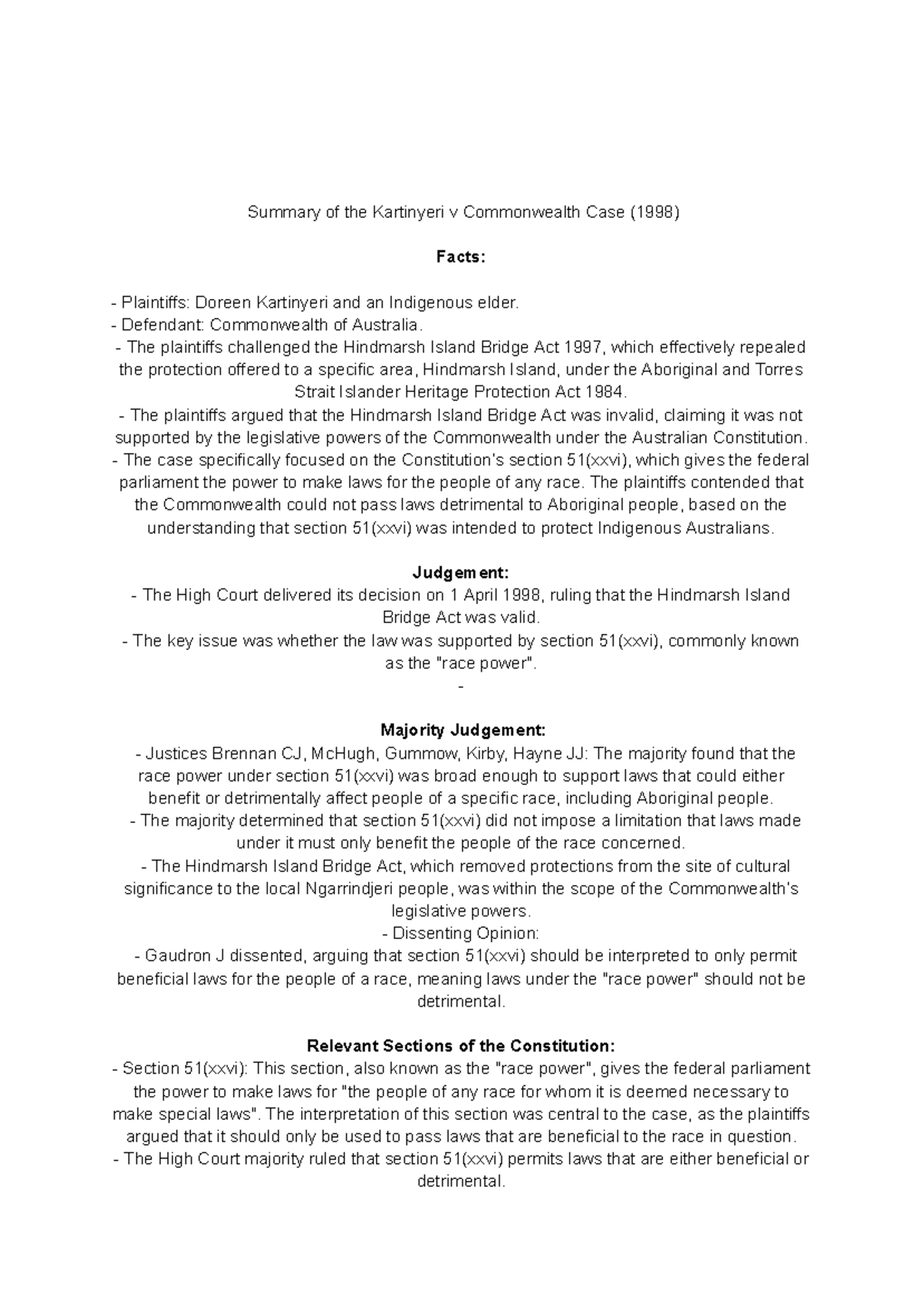 Kartinyeri v Commonwealth Case Summary Analysis (Legal Studies A29 ...