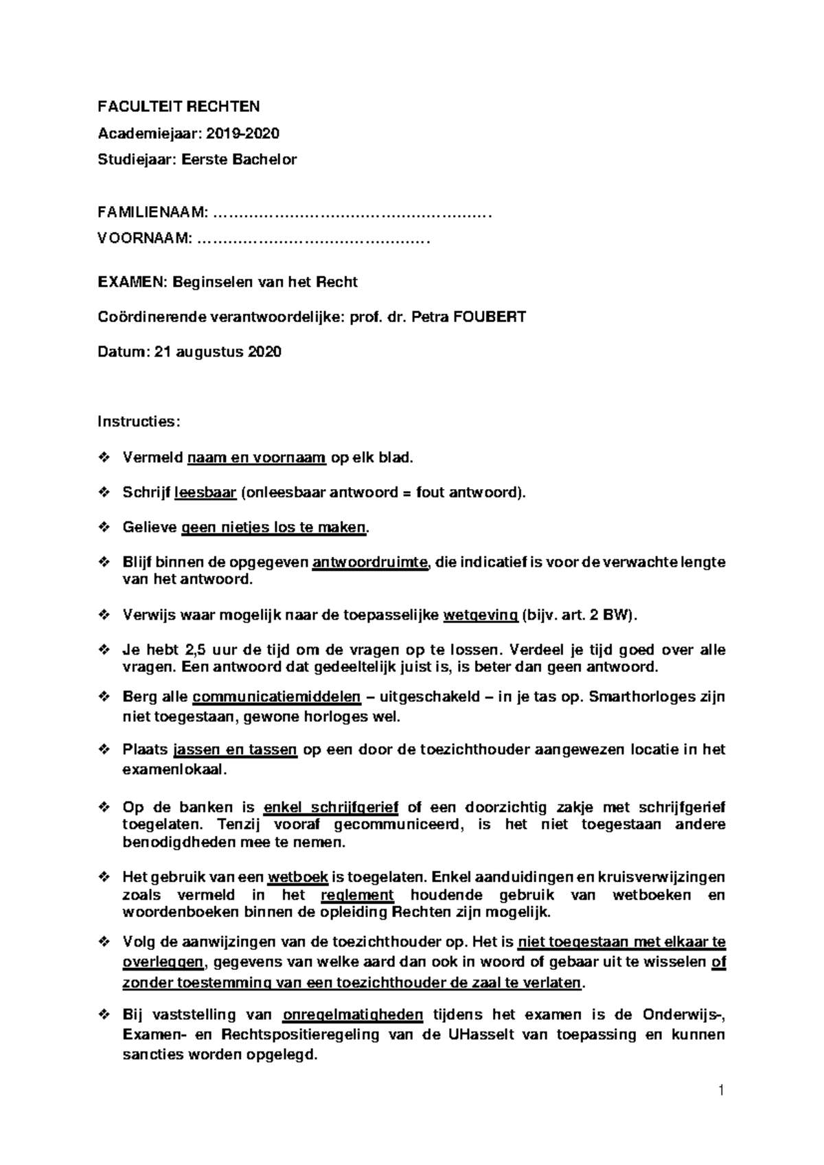 Examen Beginselen van het Recht (aug 2020) - Tweede Zit Instructies en ...