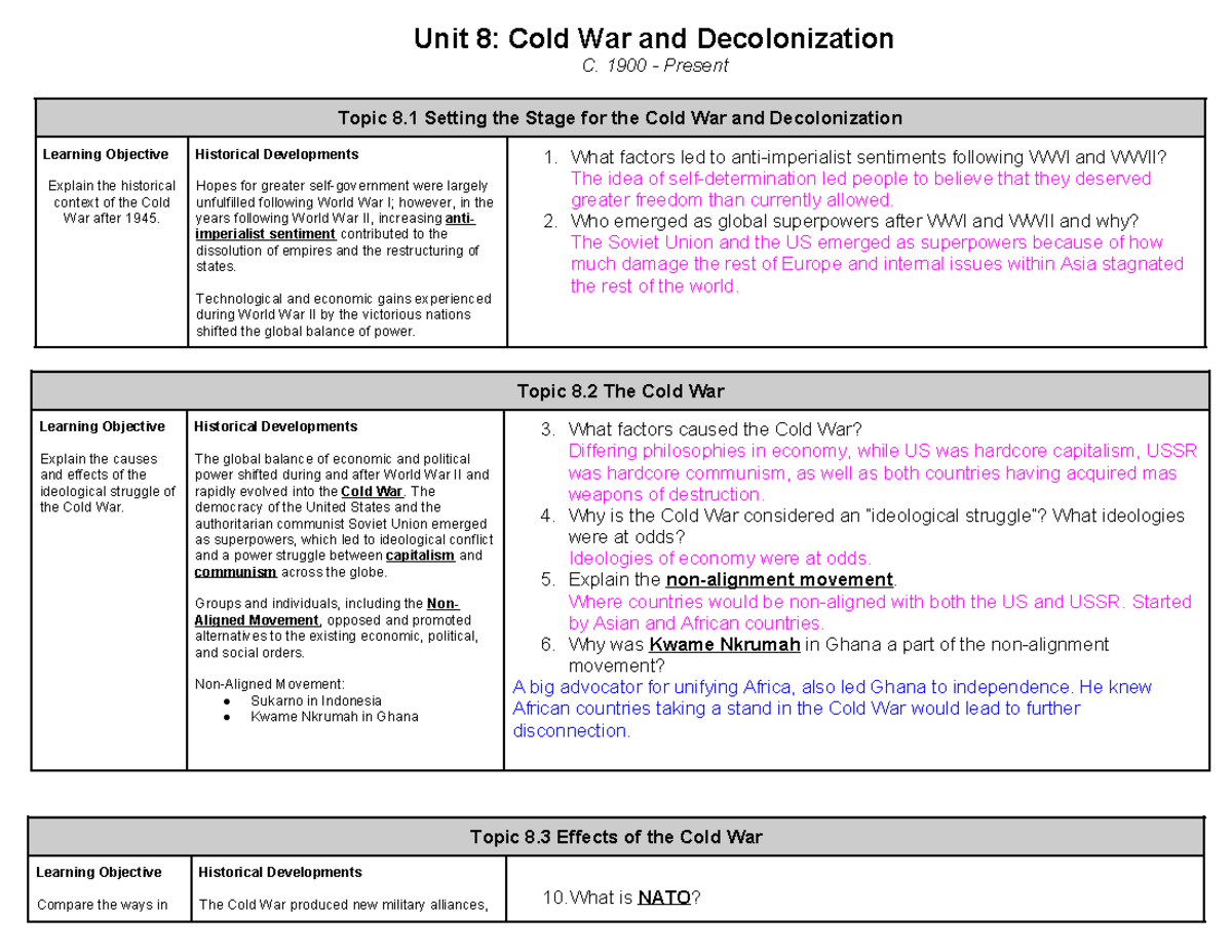 AP World History Unit 8: Cold War & Decolonization Study Guide - Studocu
