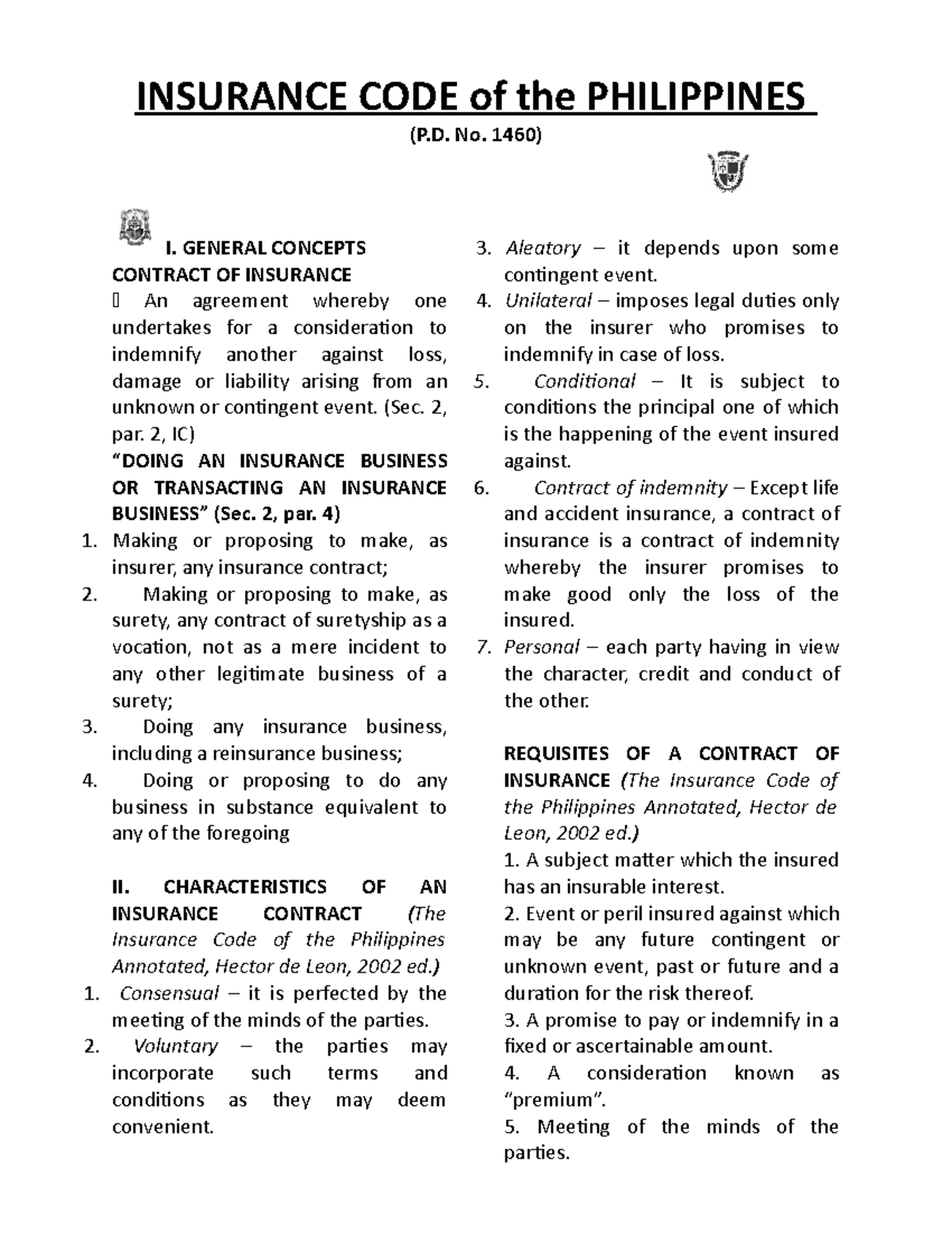 Insurance Code of the Philippines: Key Concepts and Principles - Studocu