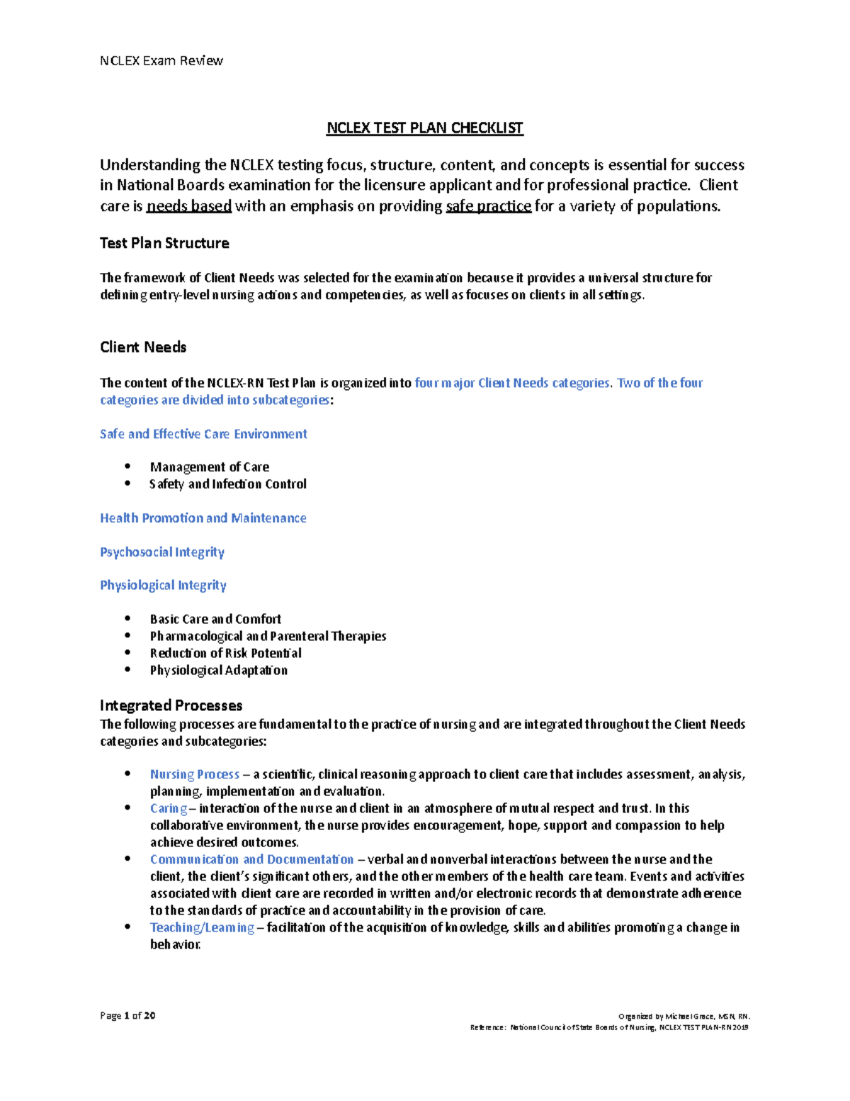 Nclex-RN TEST PLAN Checklist for weekly discussions - NCLEX TEST PLAN ...