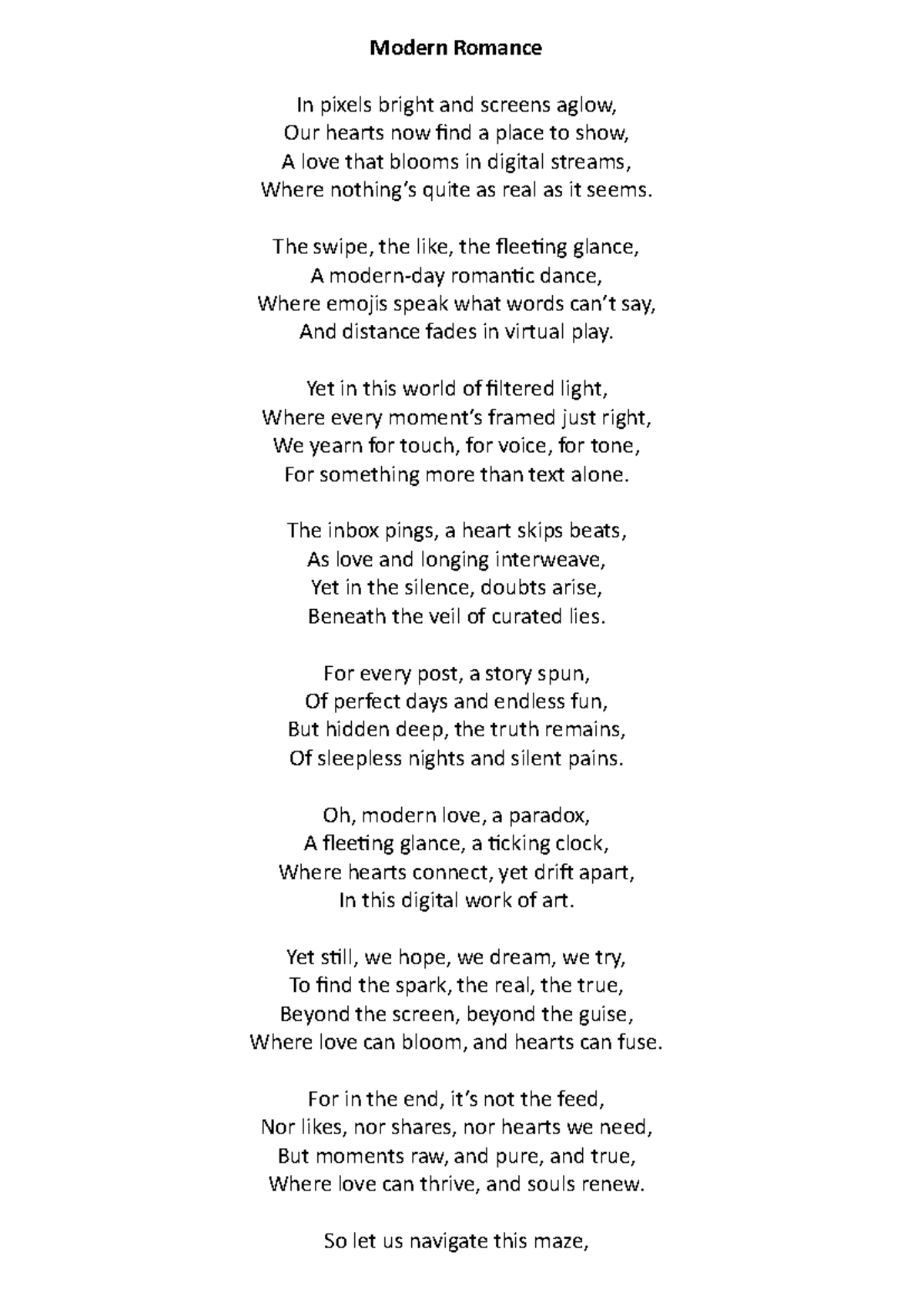 Modern Romance Poem - T67gtuth: Love in the Digital Age - Studocu