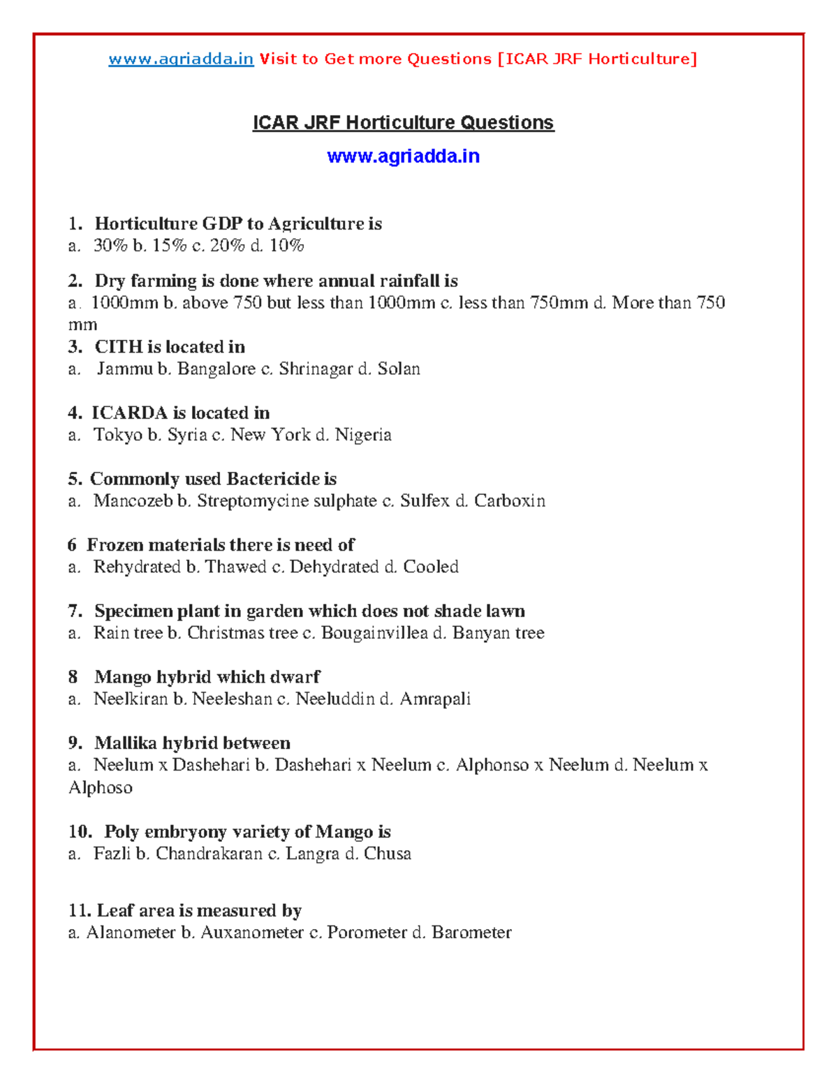 Horticulture ICAR JRF Previous Years Questions and Answers - Studocu
