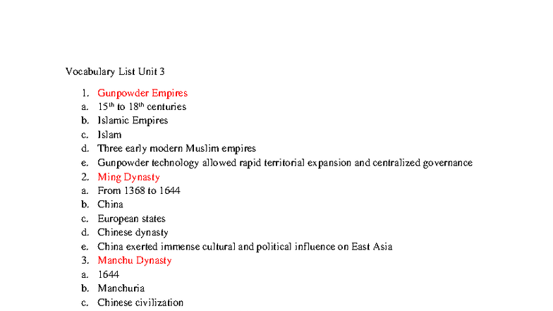 Vocabulary List for Unit 3: Gunpowder Empires & More - Studocu