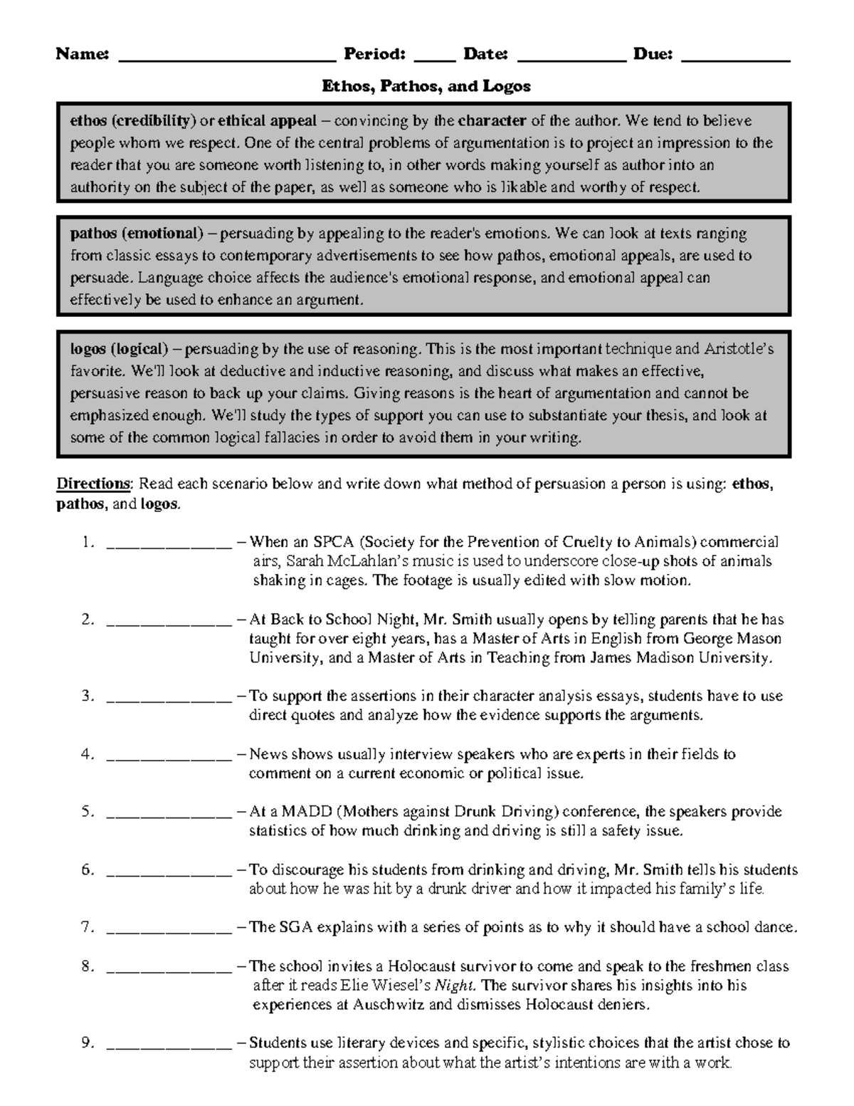 Identifying Ethos, Pathos, and Logos in Argumentative Examples - Studocu