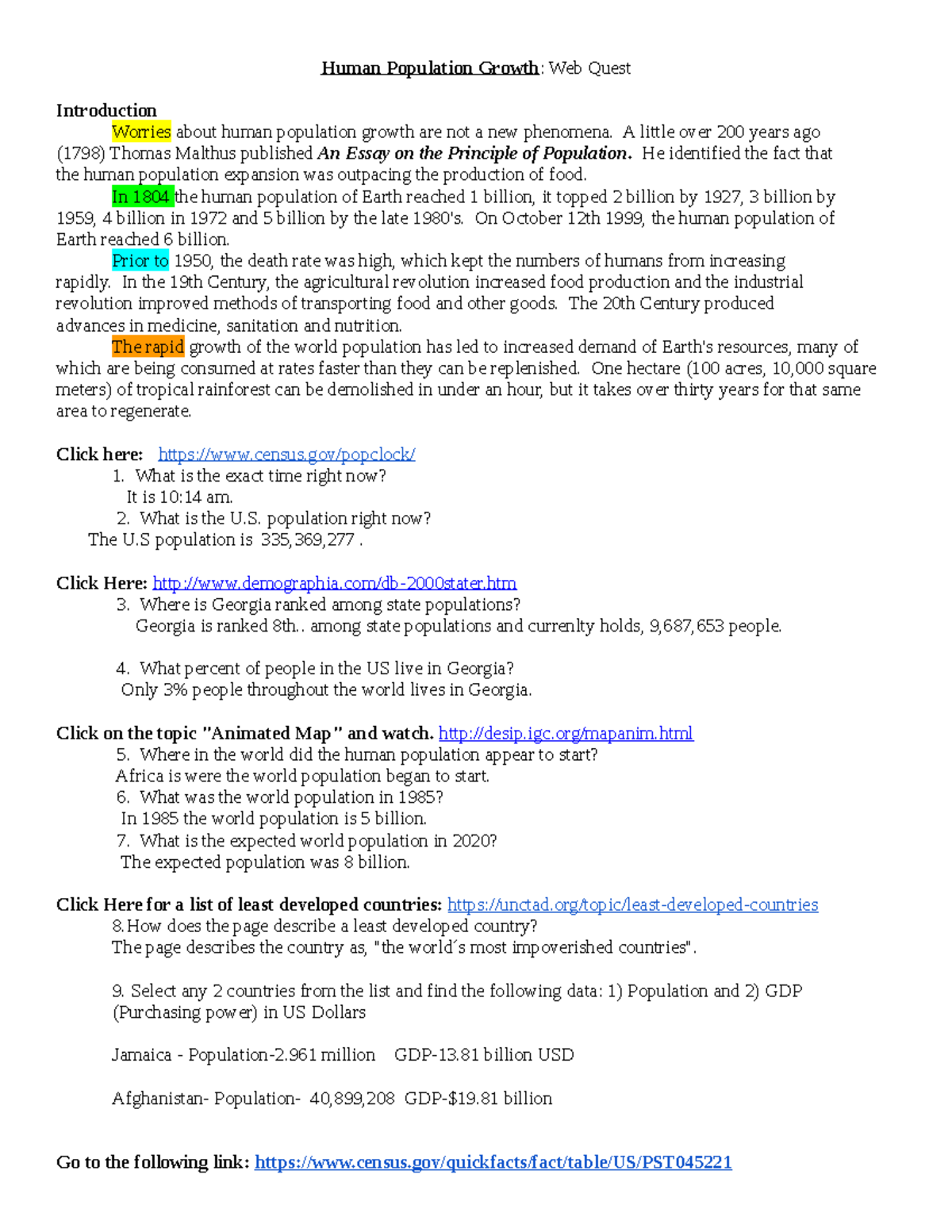 Human Population Growth Webquest: Understanding Our Global Impact - Studocu