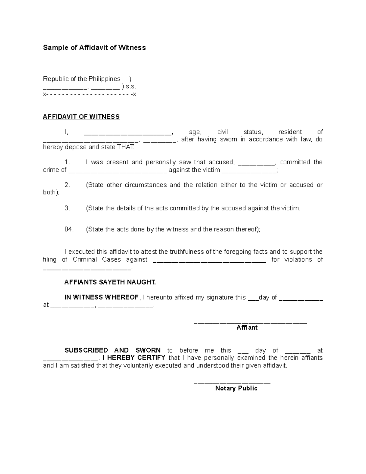 65394098 Sample Affidavit of Witness Template in the Philippines - Studocu