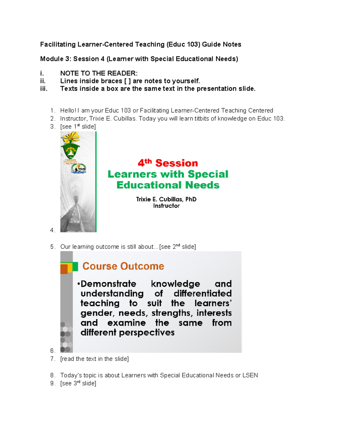 Facilitating Learner-Centered Teaching (Educ 103) Module 3: Special Needs - Studocu