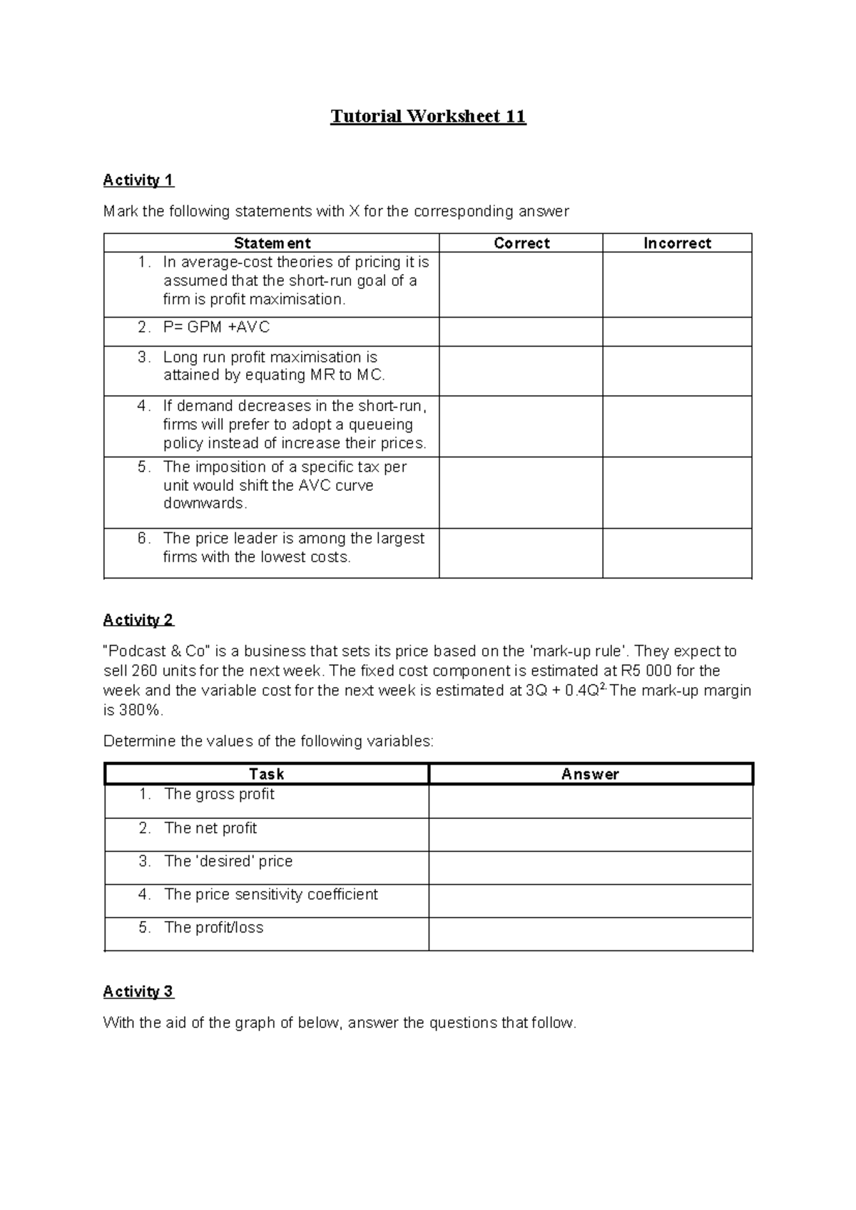 Eco 2B Tutorial Worksheet 11: Pricing Theories & Profit Analysis - Studocu