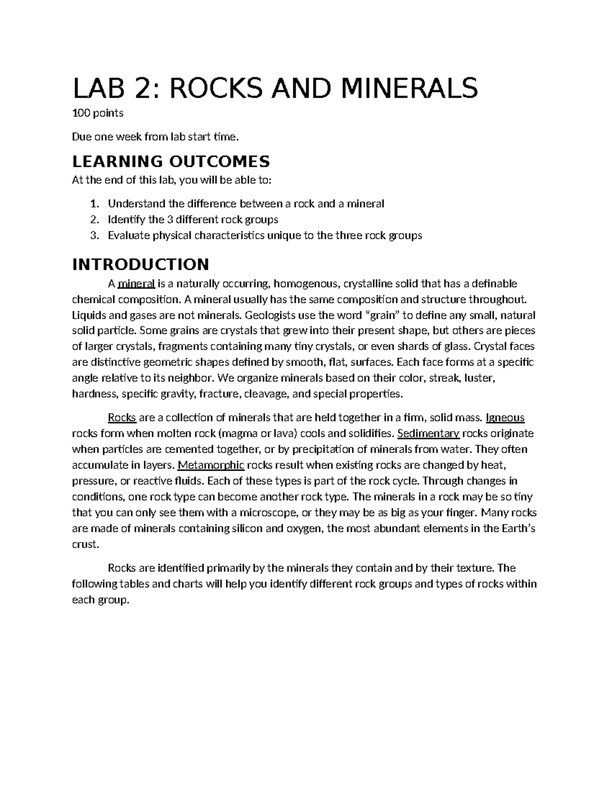 LAB 2: ROCKS AND MINERALS IDENTIFICATION & ANALYSIS - Studocu