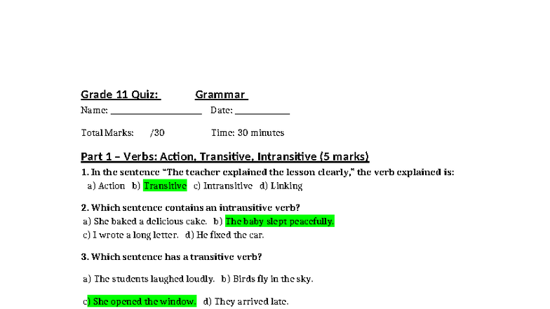 Grade 11 Quiz: Grammar Key Answers and Explanations - Studocu