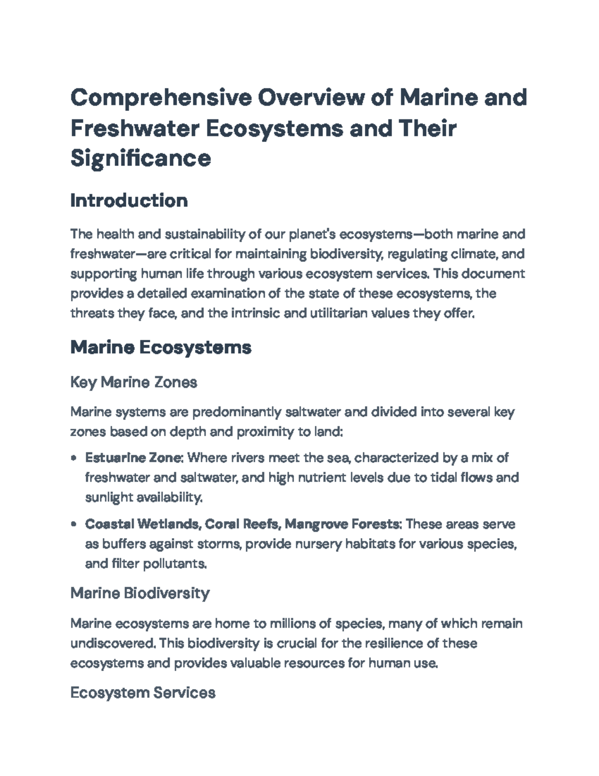 Comprehensive Overview of Marine & Freshwater Ecosystems: Threats ...