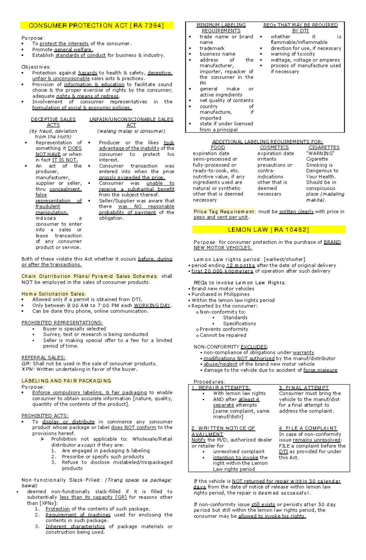 Hercules Last Minute Notes - Consumer Protection Laws (RFBT) - Studocu