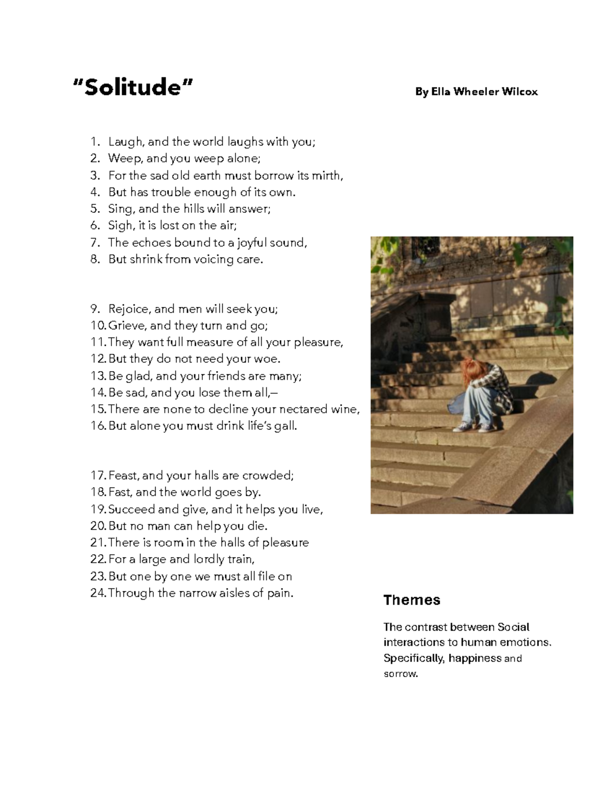 Analysis of "Solitude" Poem by Ella Wheeler Wilcox - Themes & Structure - Studocu