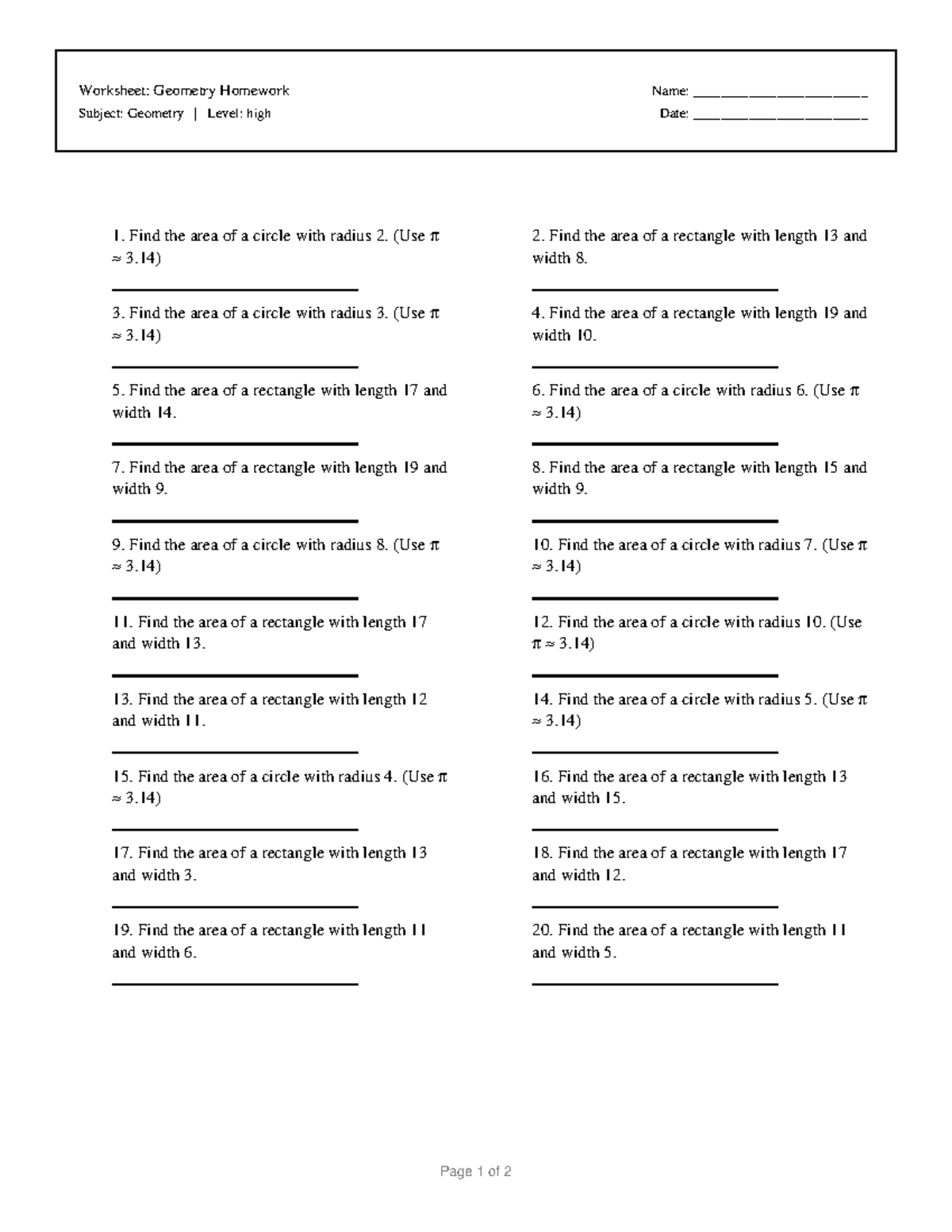 Geometry Homework Worksheet 8 - Area Calculations and Sharing Problems ...