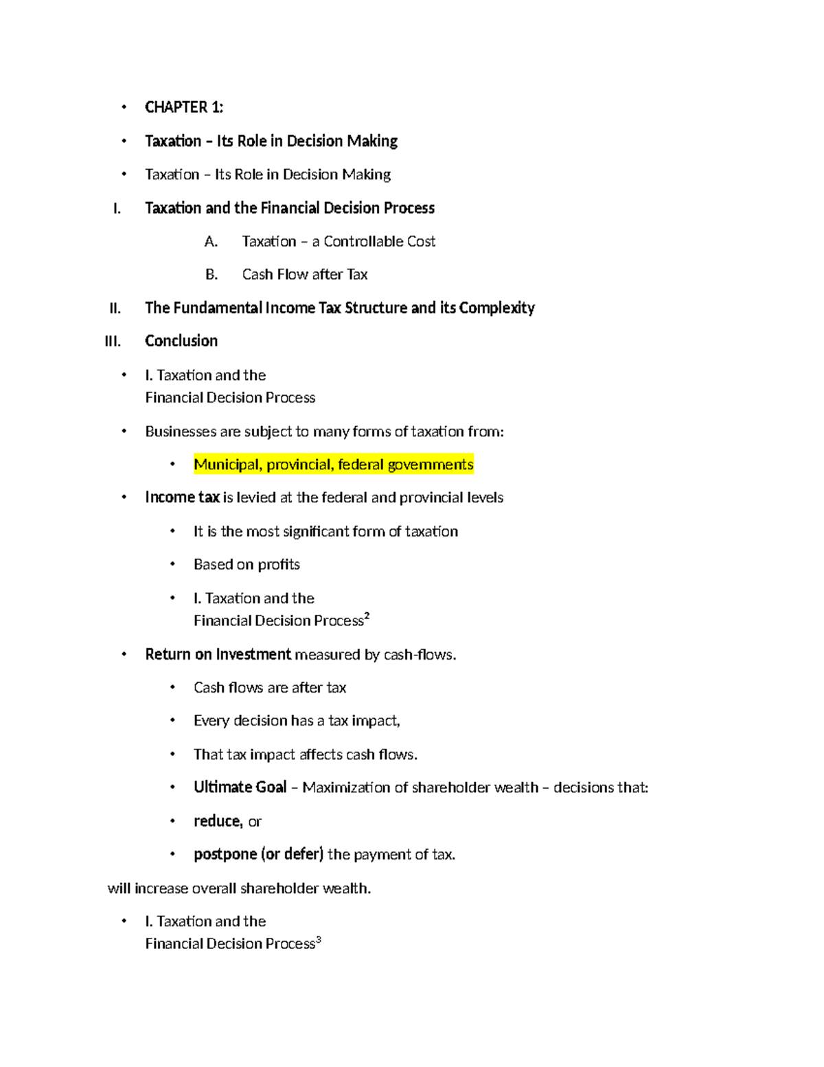 Tax Notes - CH 1: Summary of Taxation's Role in Financial Decisions ...