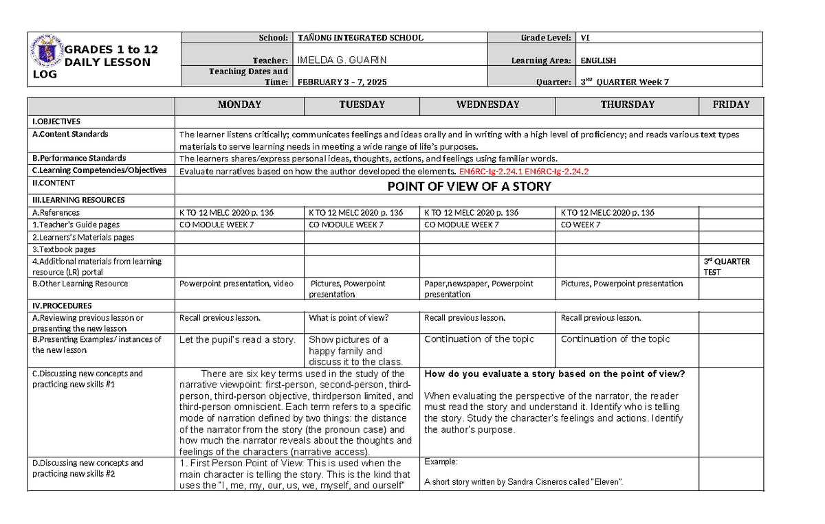 DLL English 6 Q3 W7: Daily Lesson Plan on Narrative Point of View - Studocu