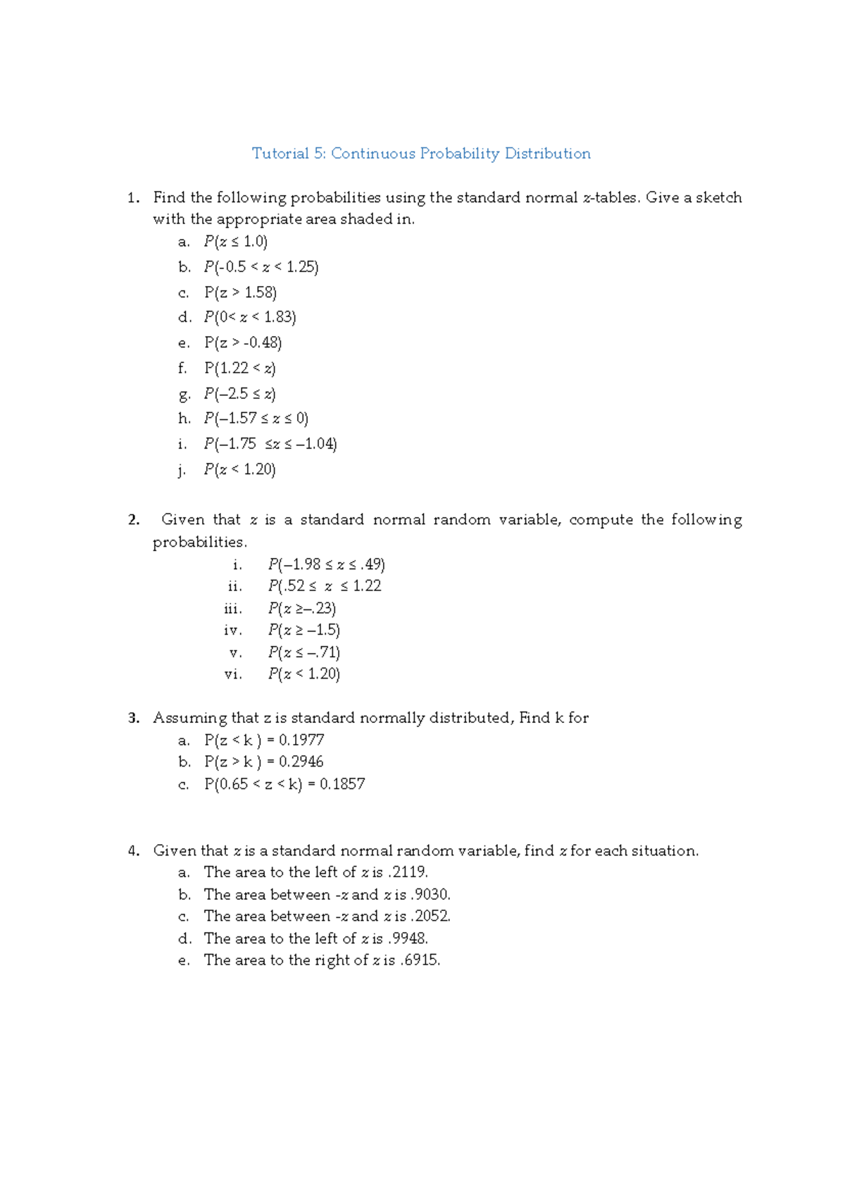 Tutorial 5: Continuous Probability Distribution Analysis and Exercises - Studocu
