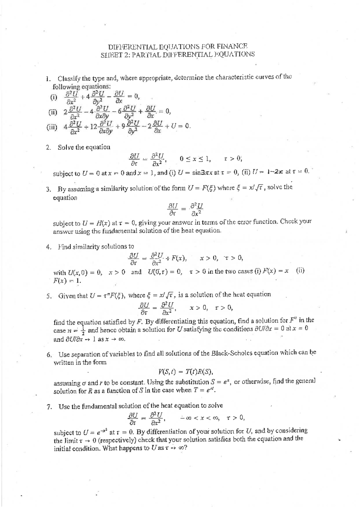 2014-2015 Problem Sheet 2 - DIFFERENTIAL EQUATIONS FOR FINANCE SHEET 2 ...