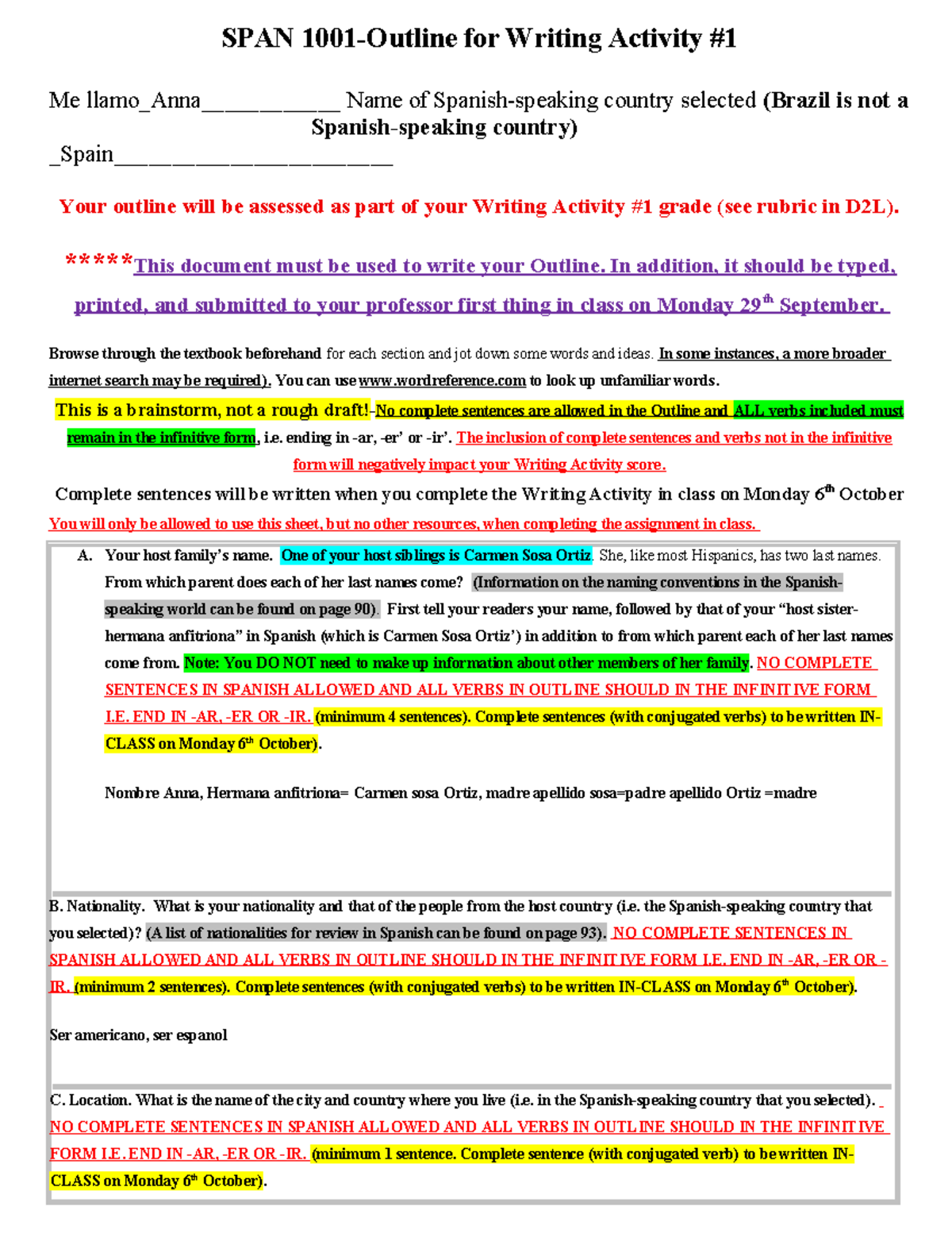 SPAN 101: Completed Outline for Writing Activity on Brazil - Studocu