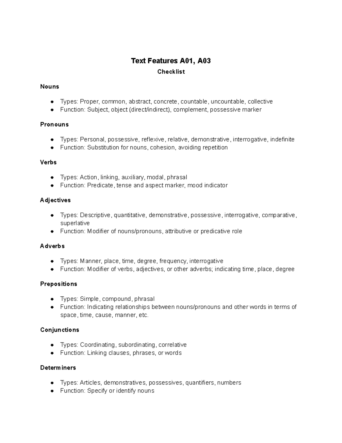 AS Grammatical Functions & Text Features Checklist - Studocu