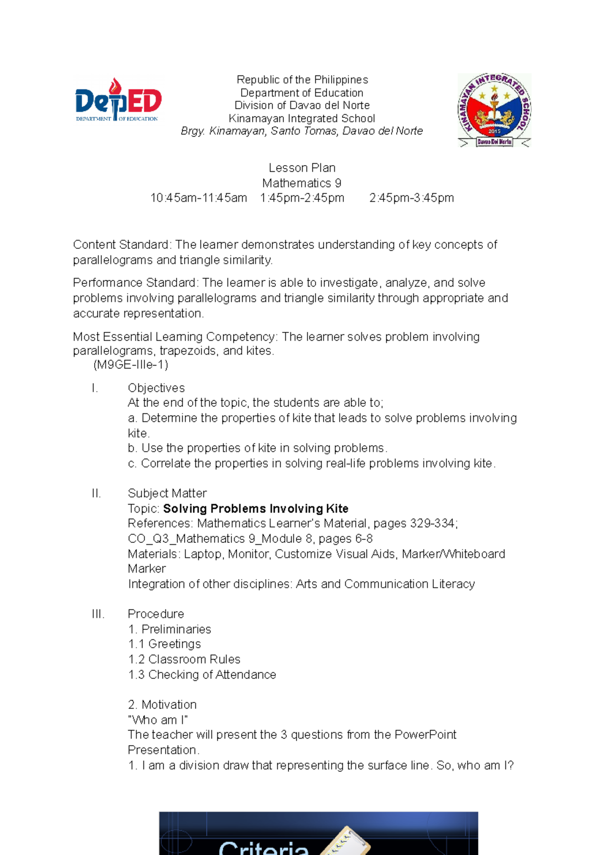 Mathematics 9 Lesson Plan: Solving Problems Involving Kites (M9GE-IIIe ...