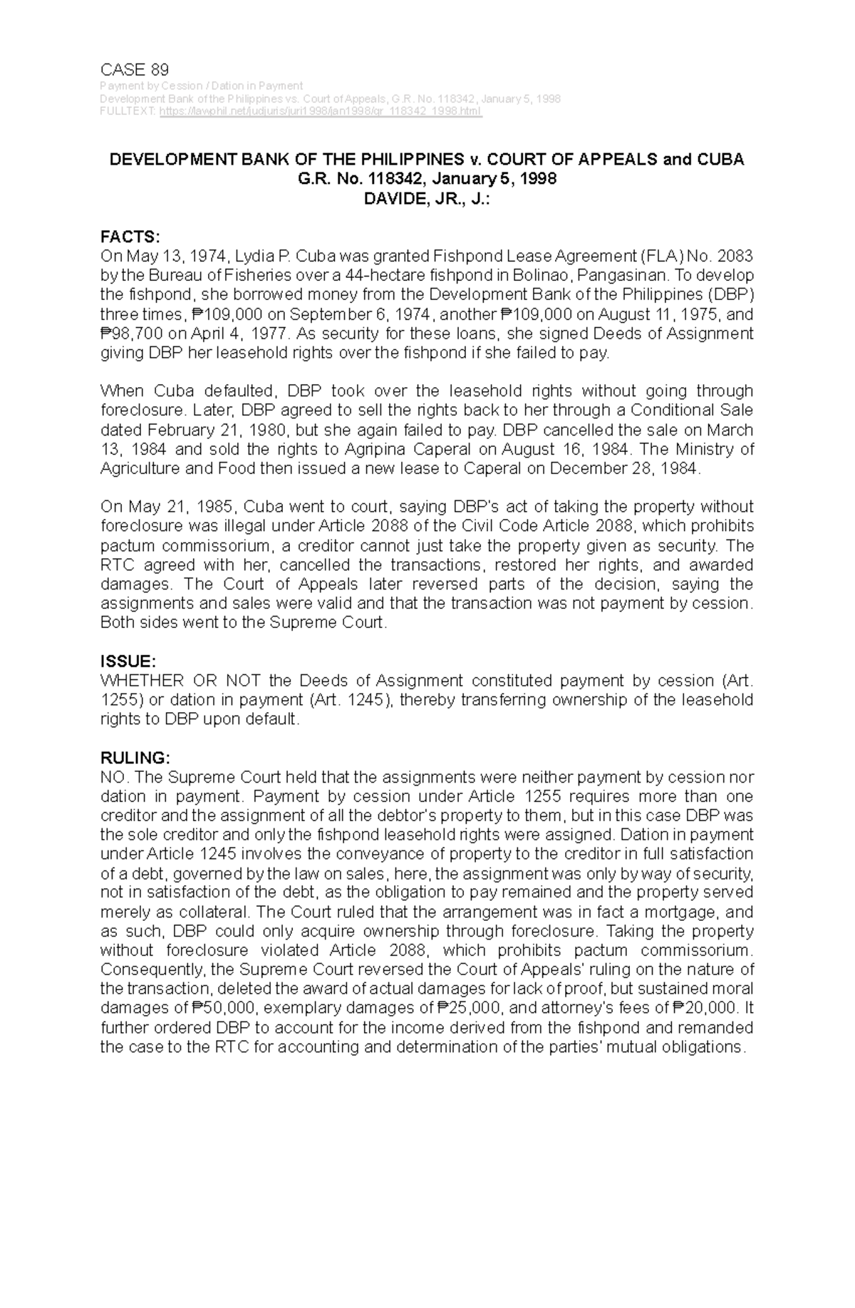 Case Digest on Cases 89-92: Payment by Cession, Dation, and Tender of ...