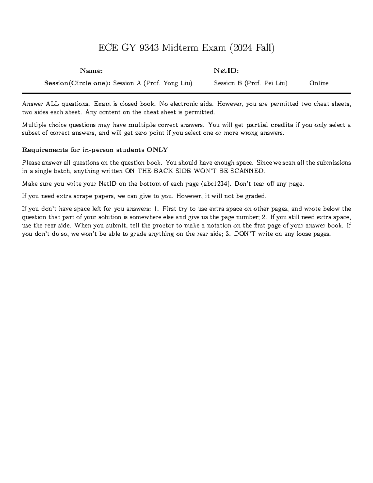 Midterm Solutions for ECE GY 9343 - Fall 2024 Exam - Studocu