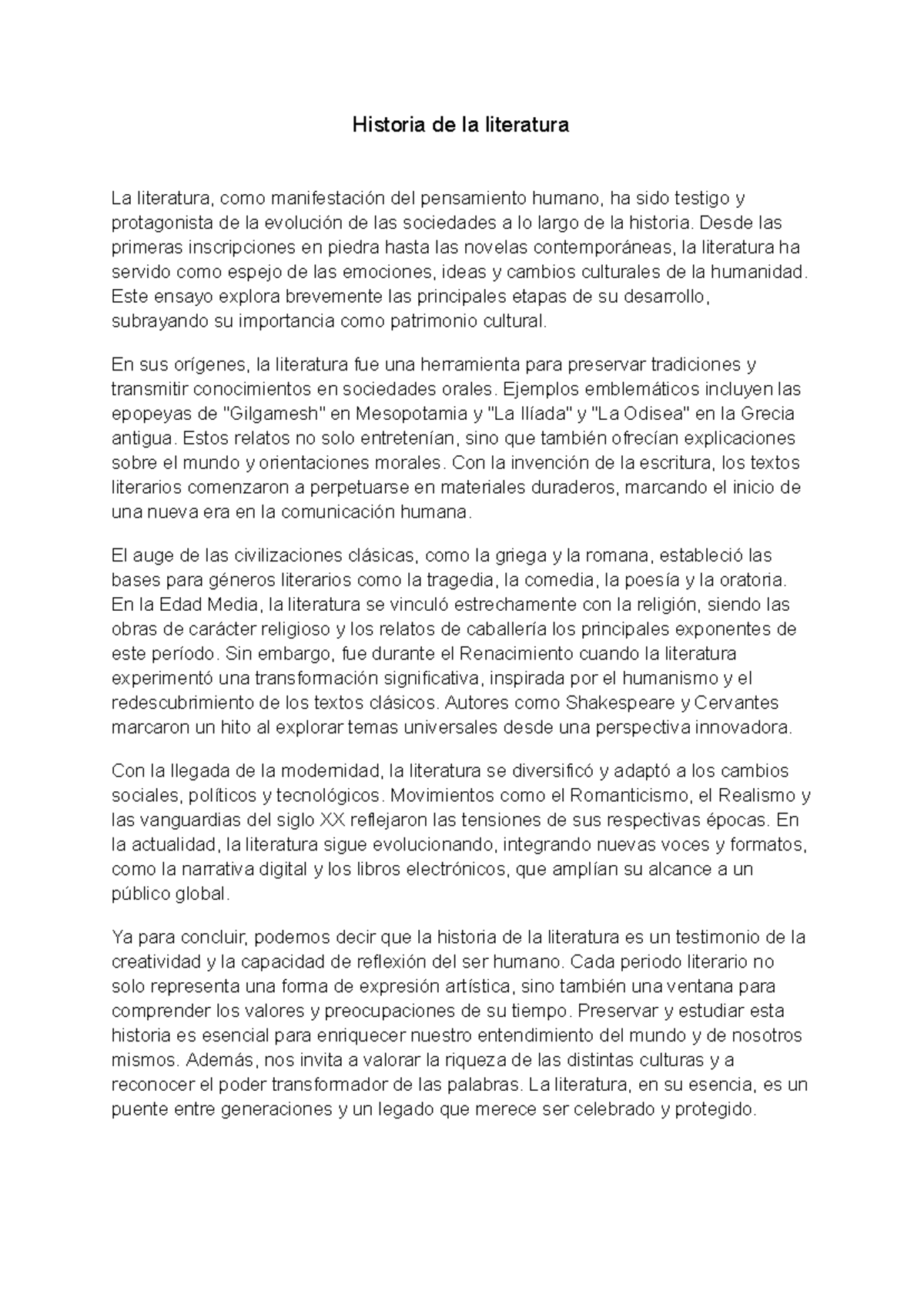 Historia de la Literatura: Evolución y Relevancia Cultural - Studocu