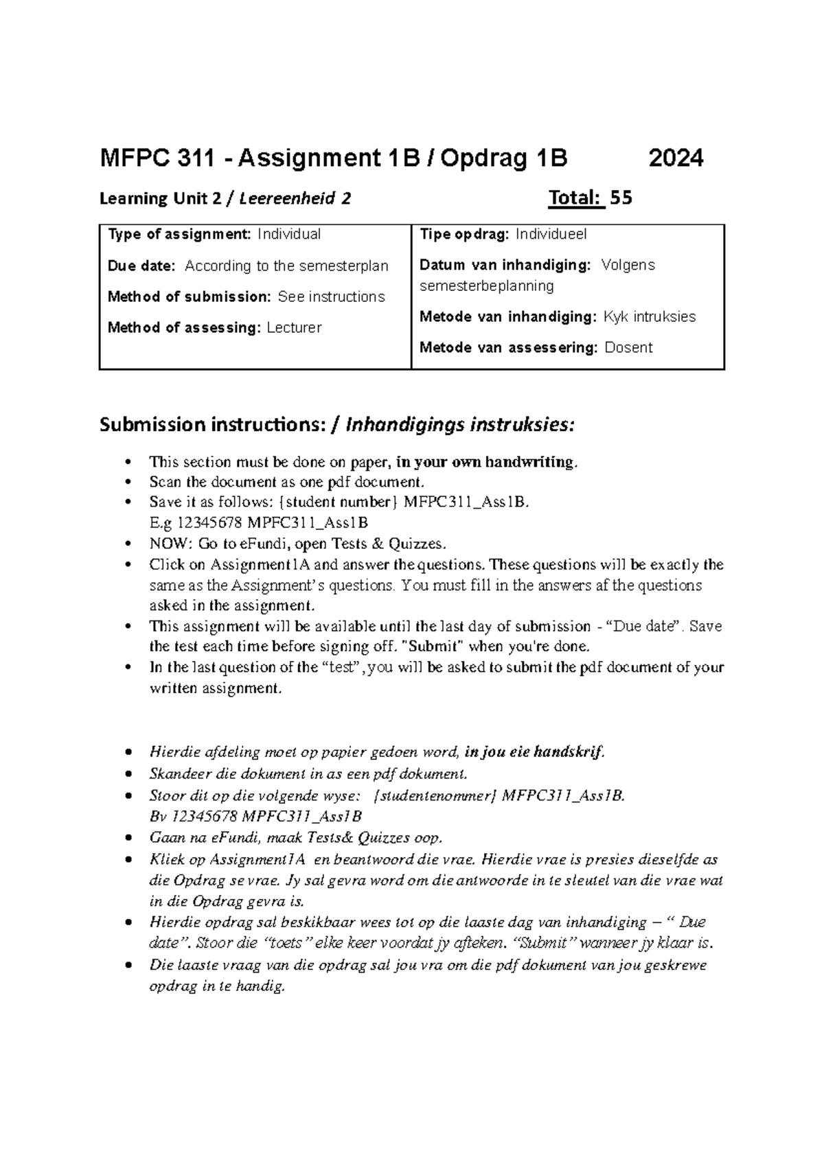 MFPC 311 Opdrag 1B - 2024 - MFPC 311 - Assignment 1B / Opdrag 1B 2024 ...