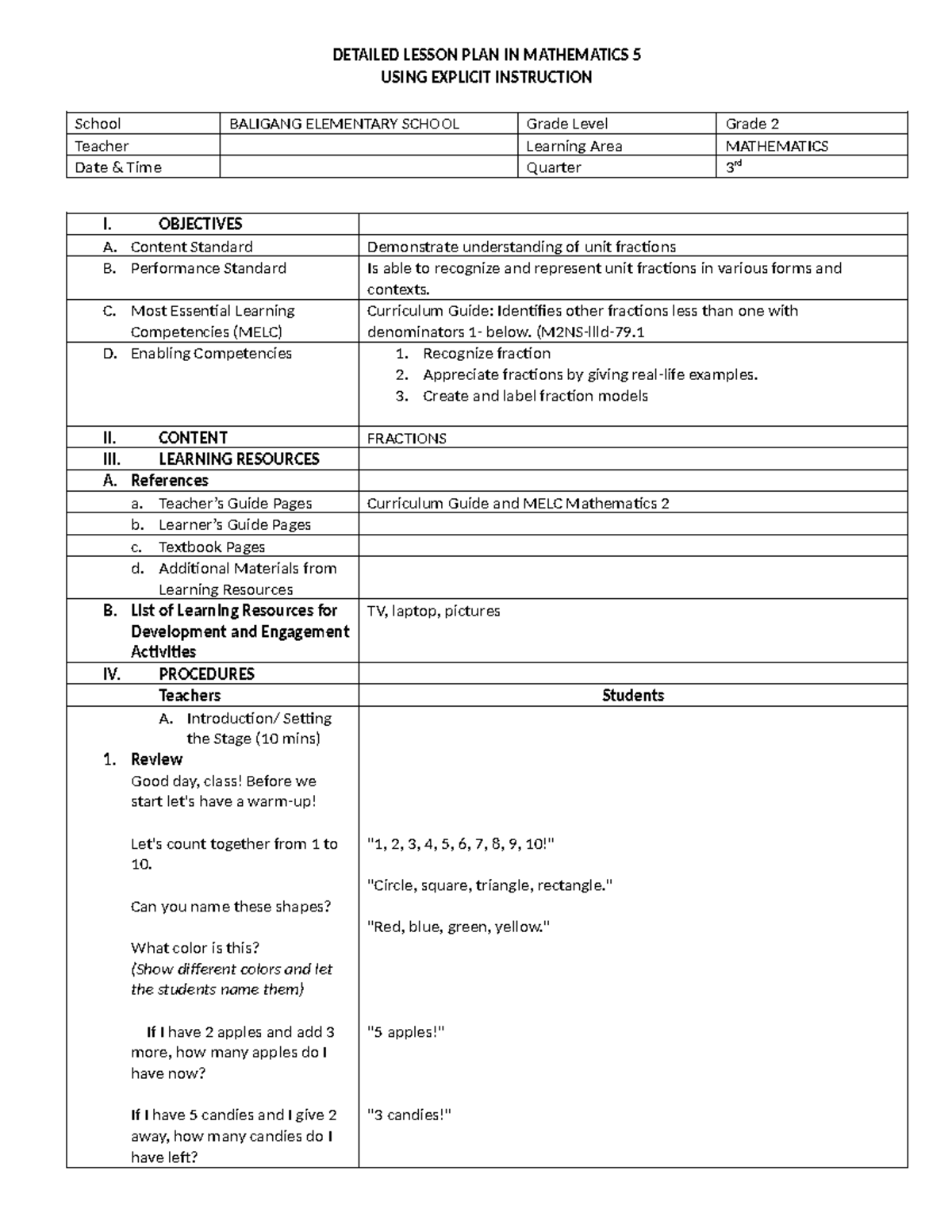 Detailed Lesson Plan in grade 2 fractions - DETAILED LESSON PLAN IN ...