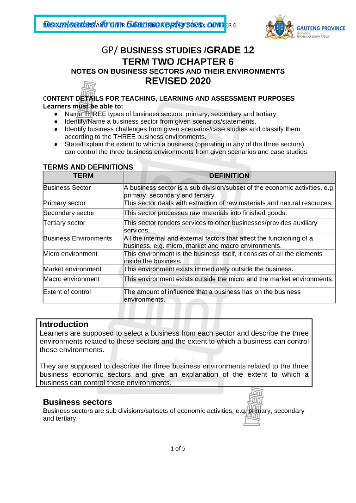 Gauteng Business Studies Notes Grade 12: Term 2 Sectors & Environments ...
