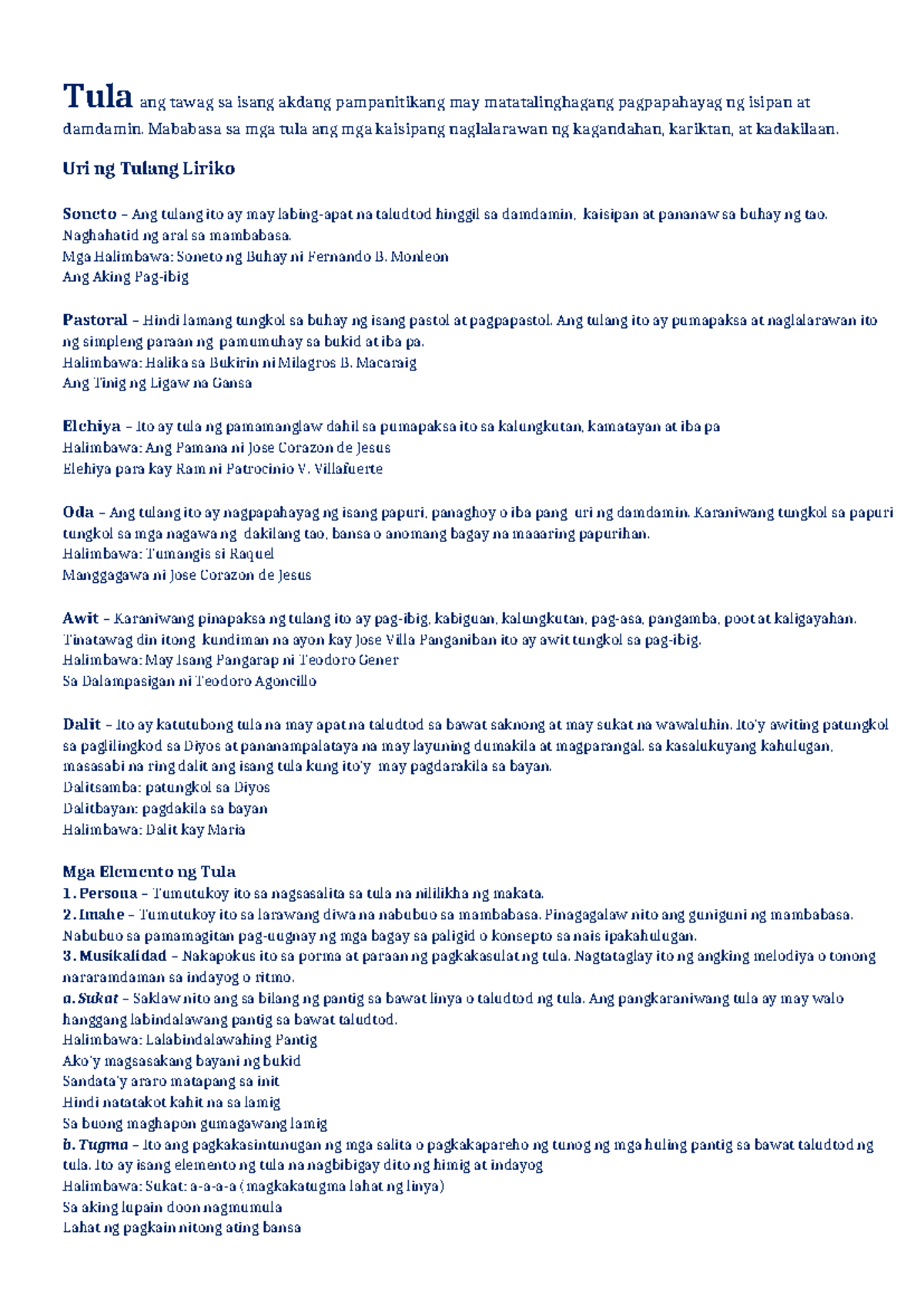 Tula: Mga Uri, Elemento, at Halimbawa sa Pampanitikan - Studocu