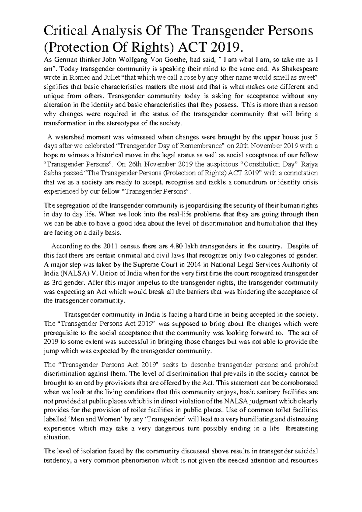Critical Analysis of the Transgender Persons (Protection of Rights) Act ...