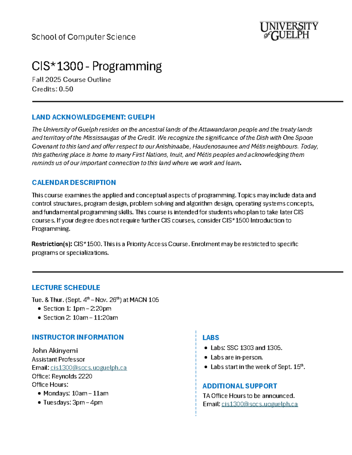 CIS1300-F25 Programming Course Outline and Schedule - Studocu