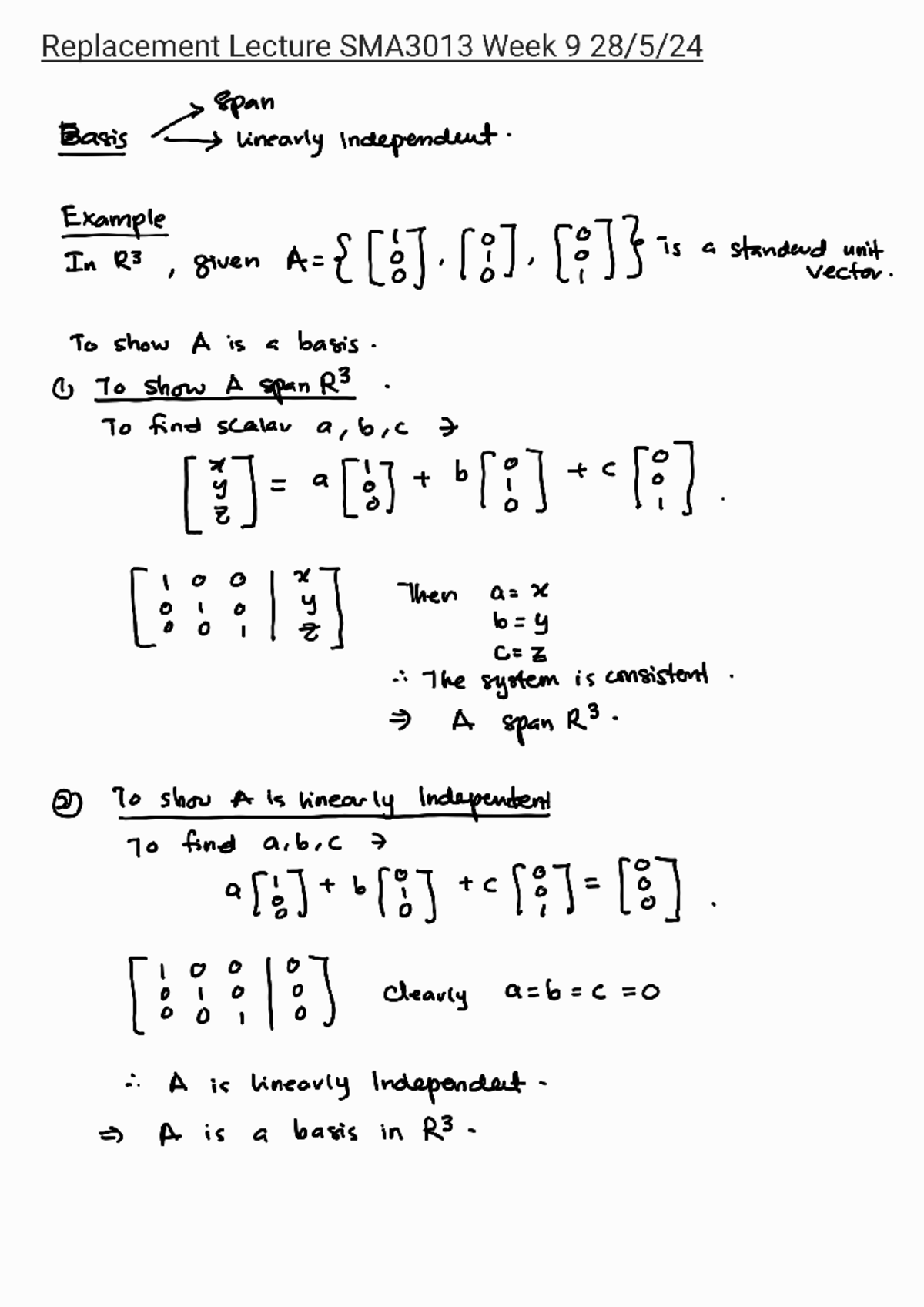 Replacement Lecture SMA3013 Week 9: Span and Linear Independence - Studocu