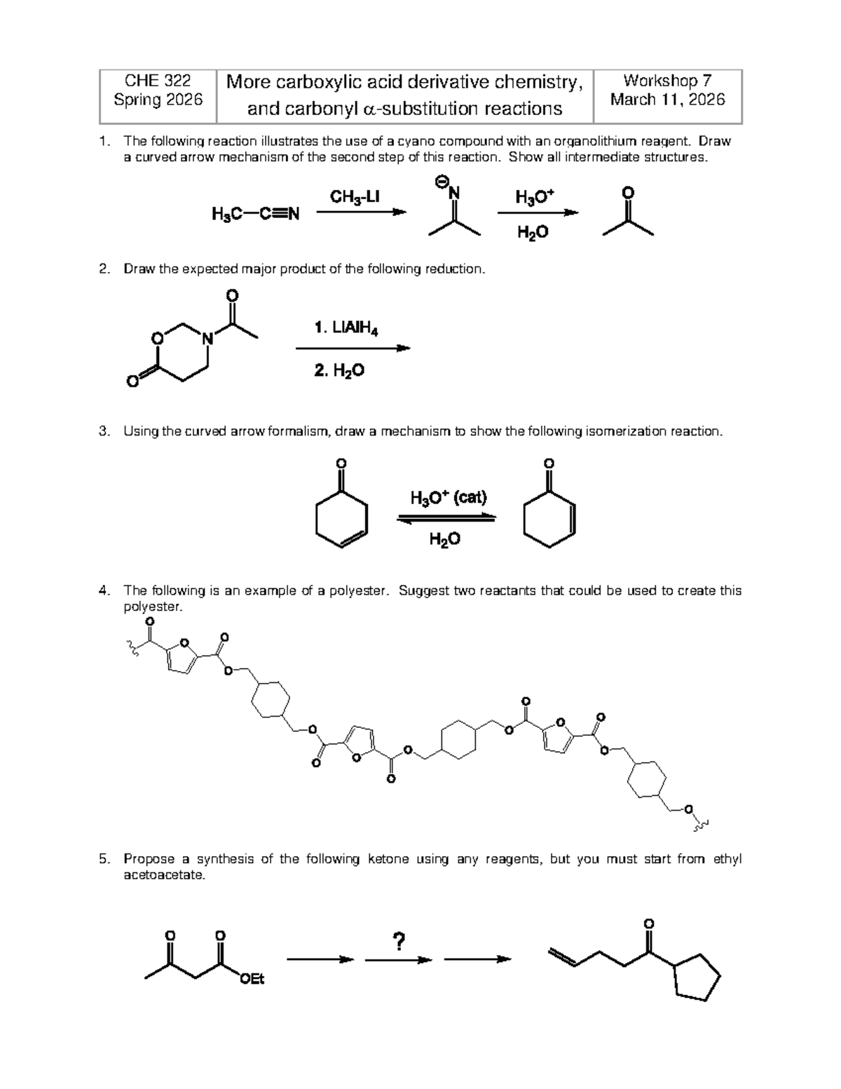 CHE 322 Spring 2026 Workshop 7: Carboxylic Acids & Carbonyl Reactions ...