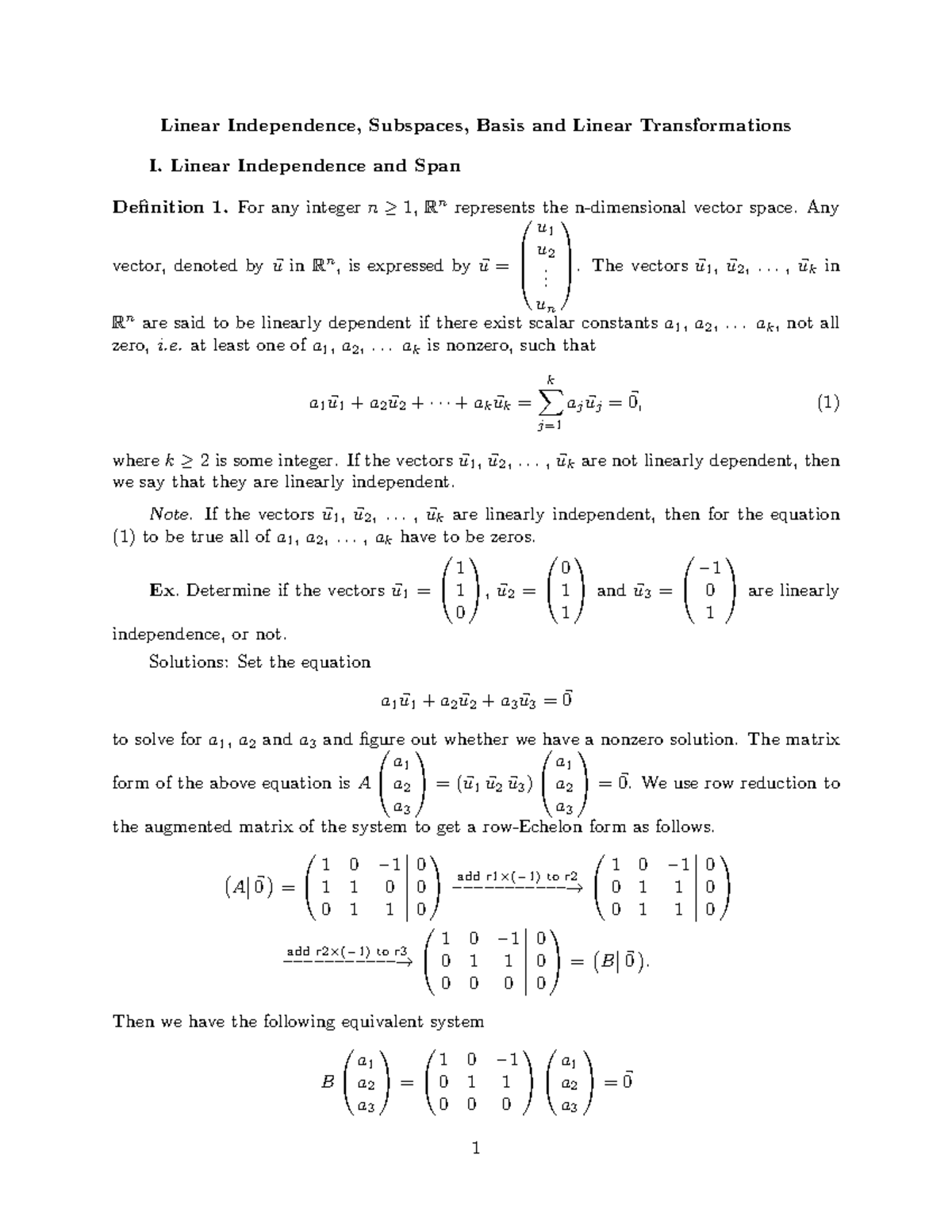 Linear Space Transformations I: Independence, Basis & Subspaces - Studocu