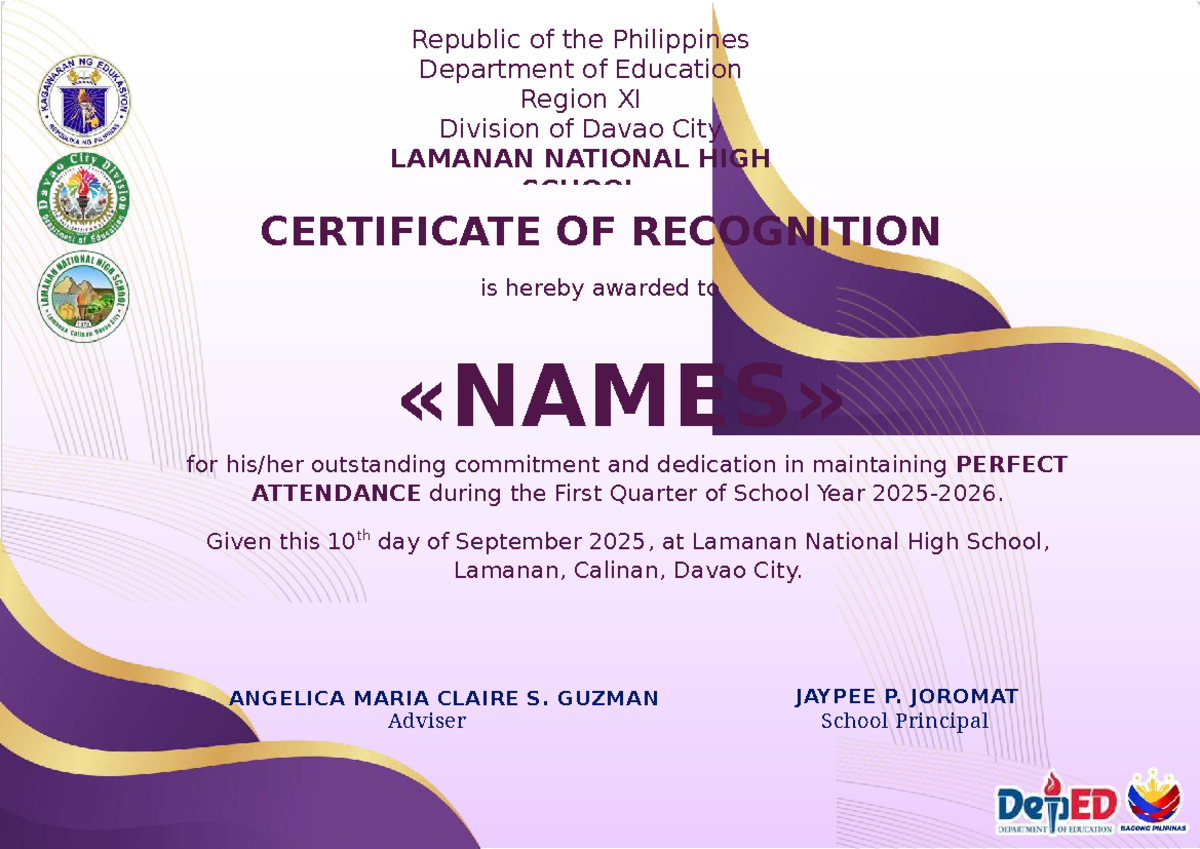 Cert-Perfect-Attendance - Republic of the Philippines Department of Education Region XI Division ...