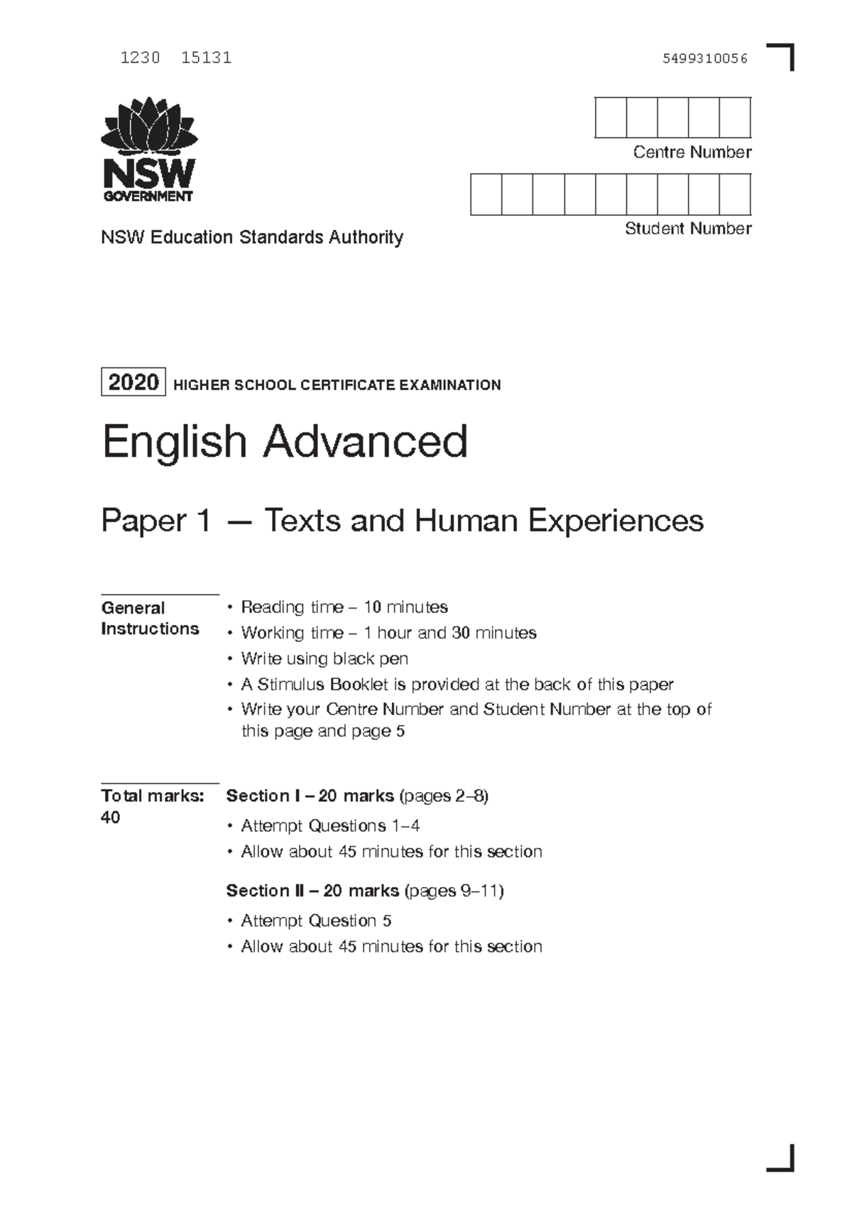 2020 HSC English Advanced Paper 1: Texts & Human Experiences - Studocu