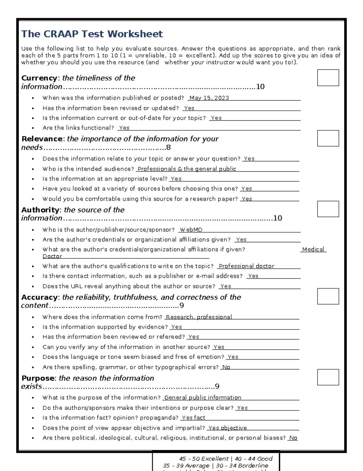 CRAAP Test Worksheet Evaluation for WebMD Resources - Studocu