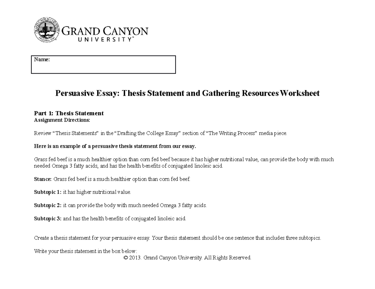 PHI-105 T-3 Persuasive Essay: Thesis Statement & Resource Guide - Studocu
