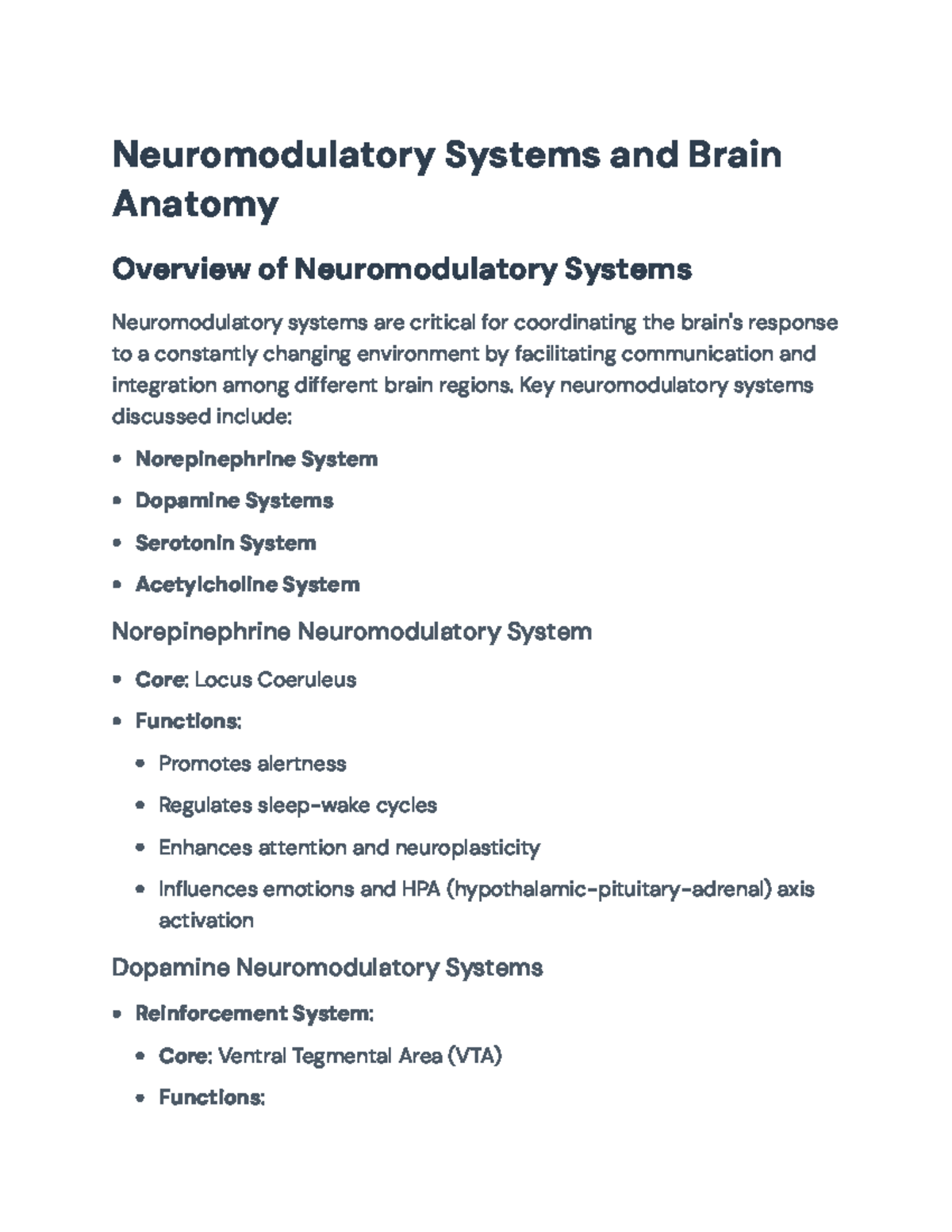 Neuromodulatory Systems and Major Brain Structures: Overview & Analysis ...