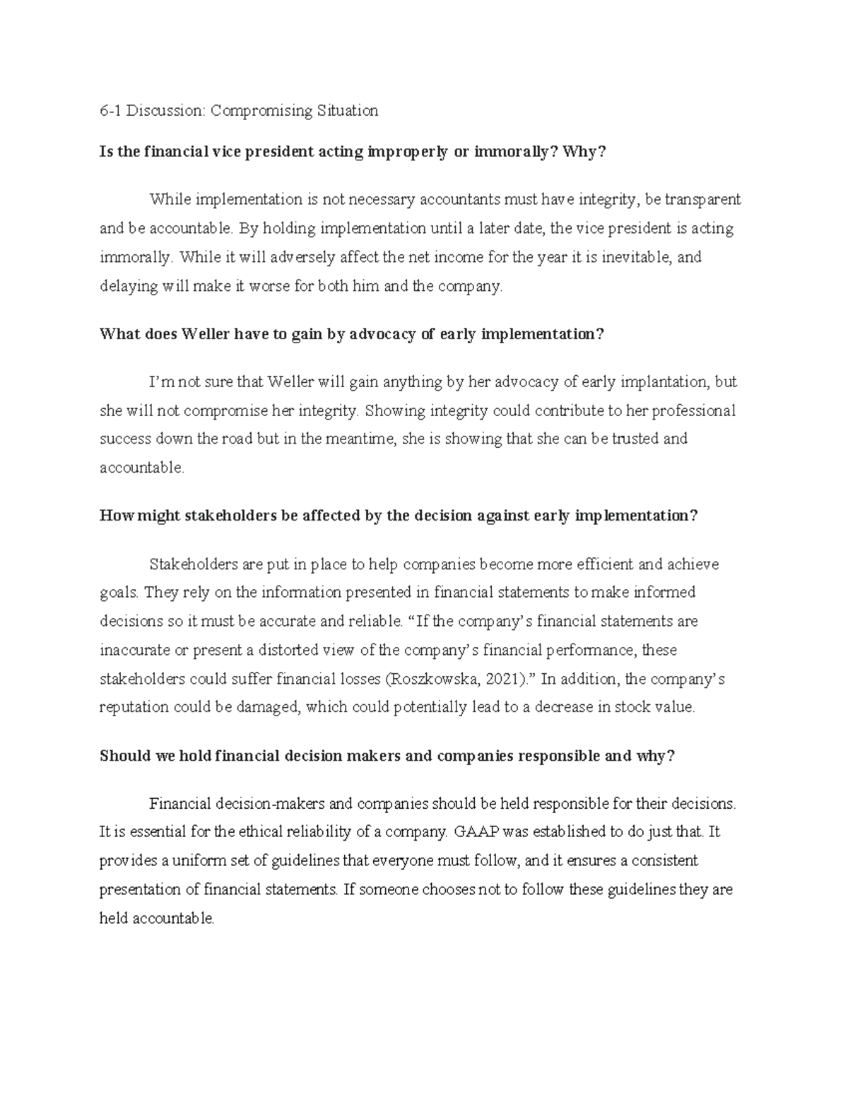 6-1 Discussion: Ethical Implications of Compromising Situations - Studocu